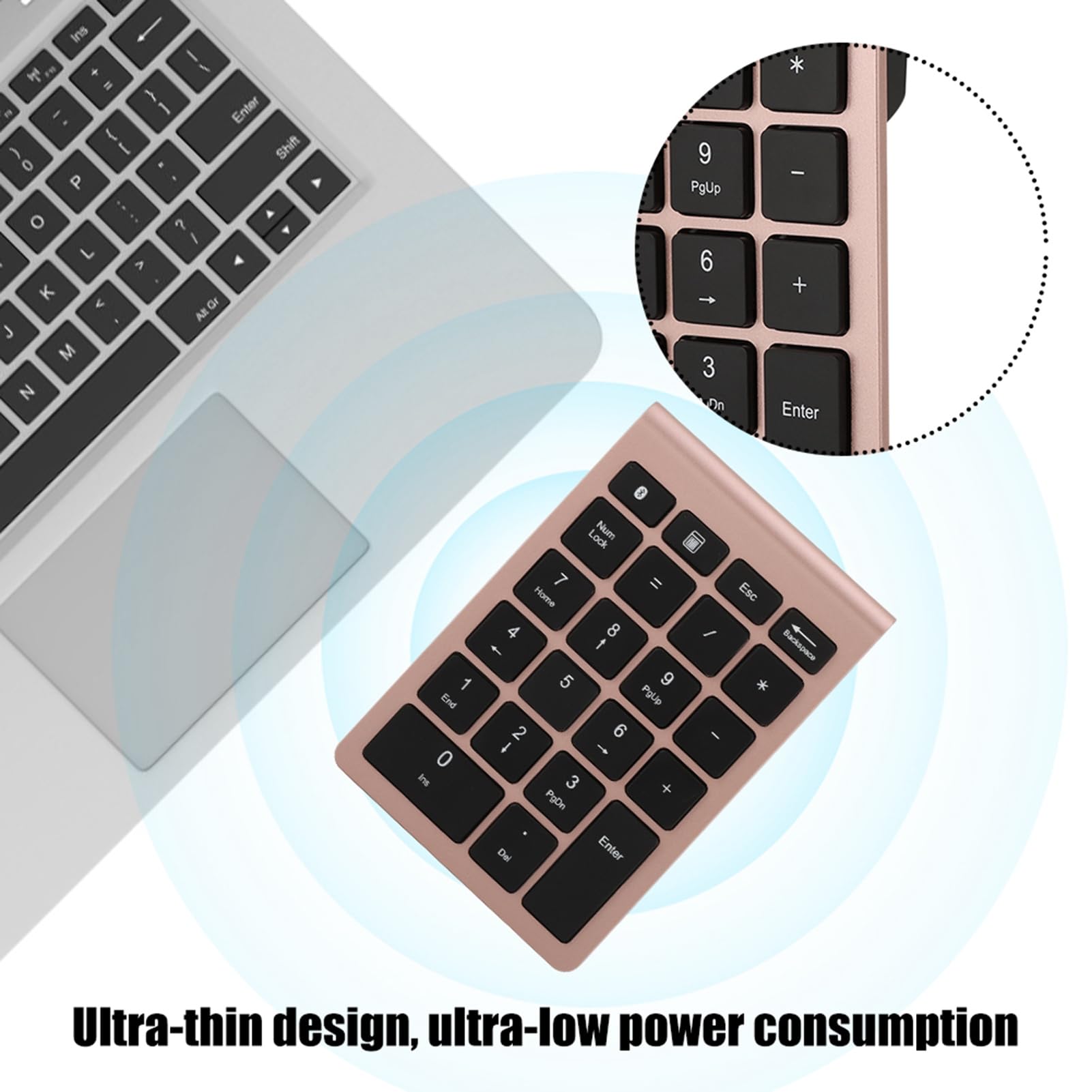Locadence 22 Keys Numeric Keypad, BT 5.0 3 Million Times Exceptional Longevity Ergonomic Design Ultrathin Numeric keypad for Laptop PC Desktop Notebook (Rose Gold)