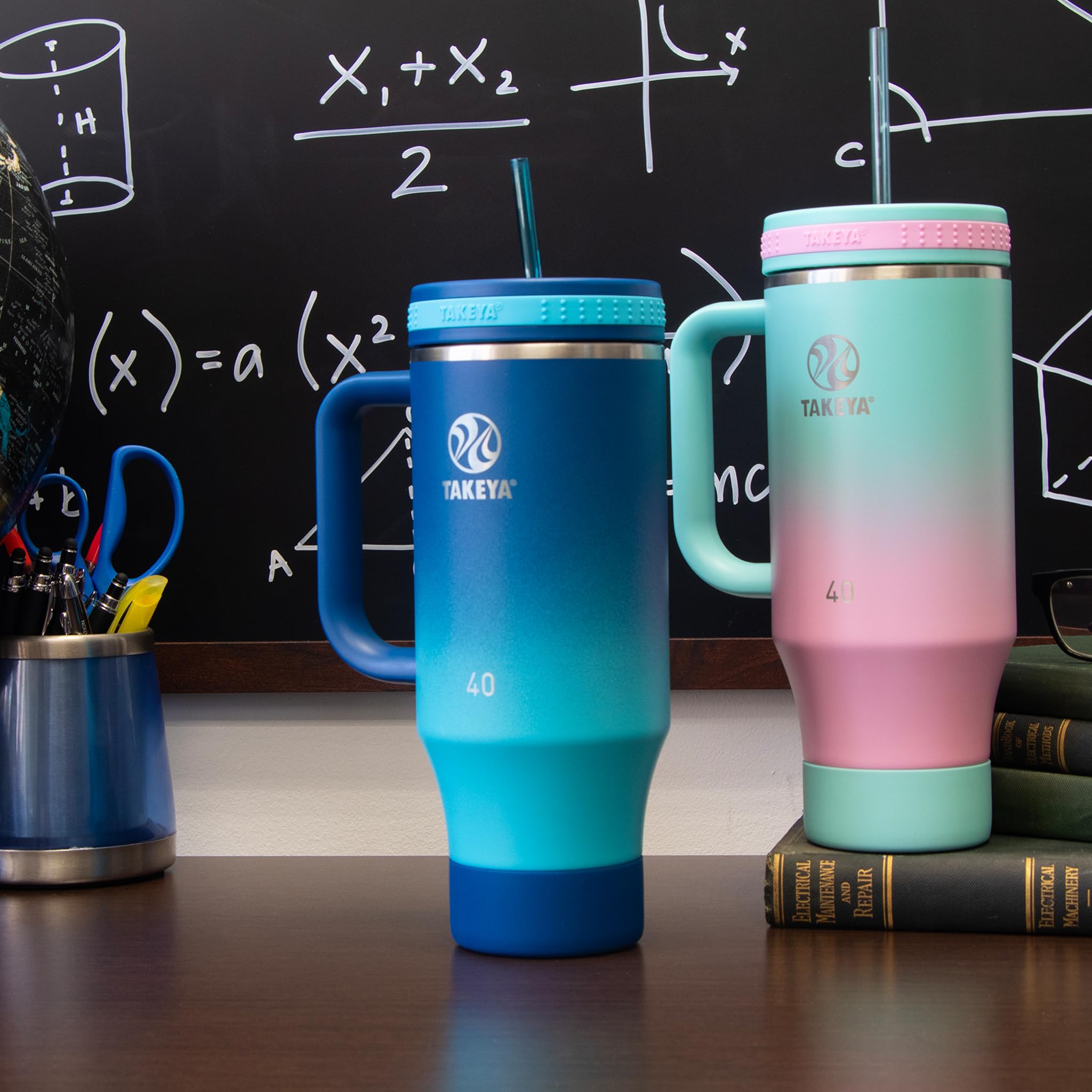 Takeya Straw Tumbler with Handle - Beverage Tumbler for Coffee, Water & More - Durable Tumbler with Built-In Silicone Coaster & 2 Straws - Double Stainless Steel Insulation - 40 oz, Ombre Adventure