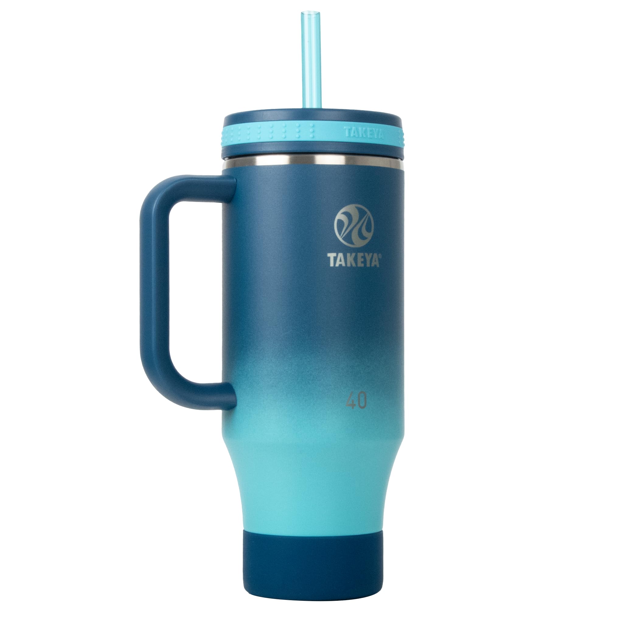 Takeya Straw Tumbler with Handle - Beverage Tumbler for Coffee, Water & More - Durable Tumbler with Built-In Silicone Coaster & 2 Straws - Double Stainless Steel Insulation - 40 oz, Ombre Adventure