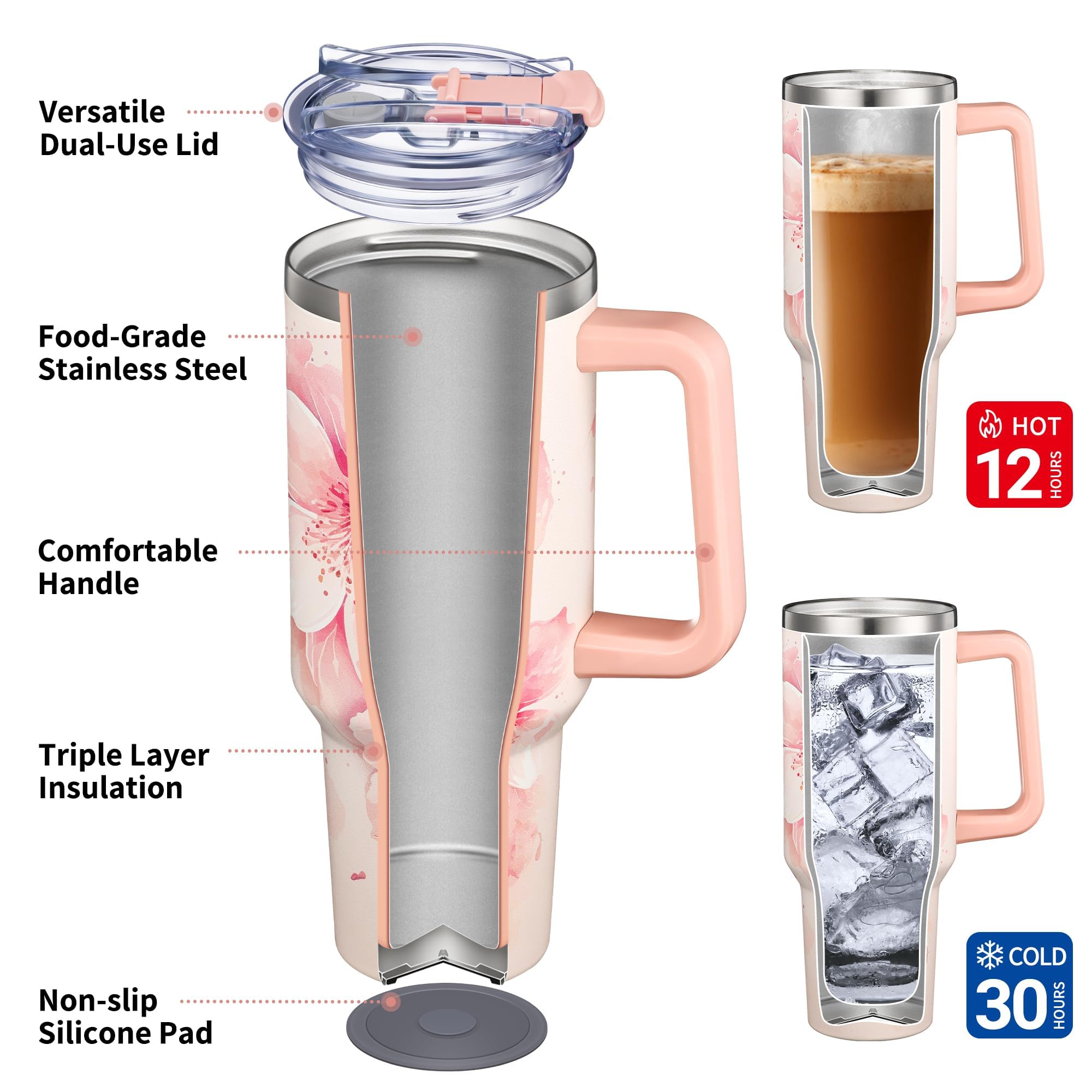THILY 40 oz Stainless Steel Tumbler with Handle - Vacuum Insulated Travel Cup, Splash-Proof & Leakproof Lid, 2 Straws & Brush | Keeps Cold 34H/Hot 12H, Cupholder Friendly, Cherry Blossoms