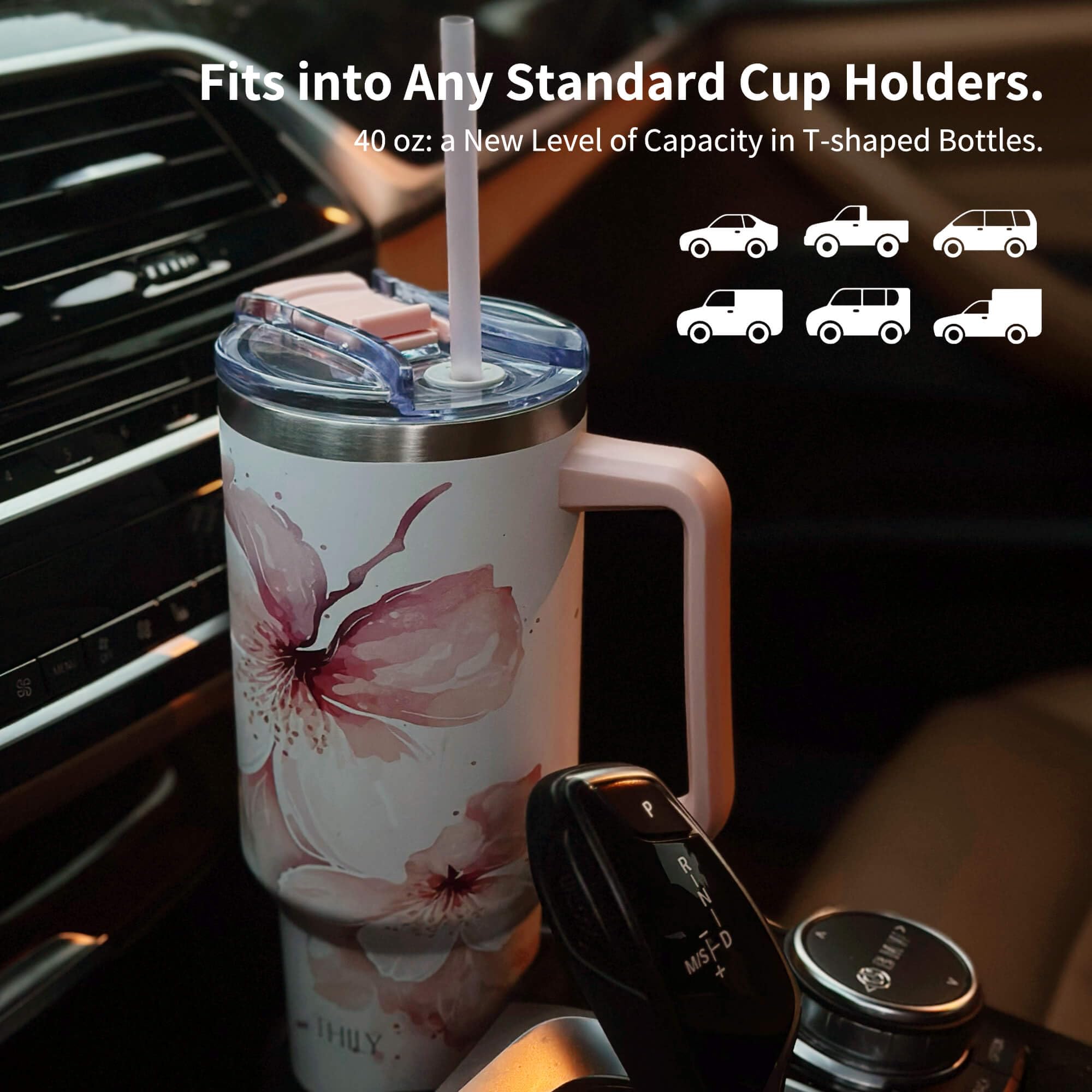 THILY 40 oz Stainless Steel Tumbler with Handle - Vacuum Insulated Travel Cup, Splash-Proof & Leakproof Lid, 2 Straws & Brush | Keeps Cold 34H/Hot 12H, Cupholder Friendly, Cherry Blossoms