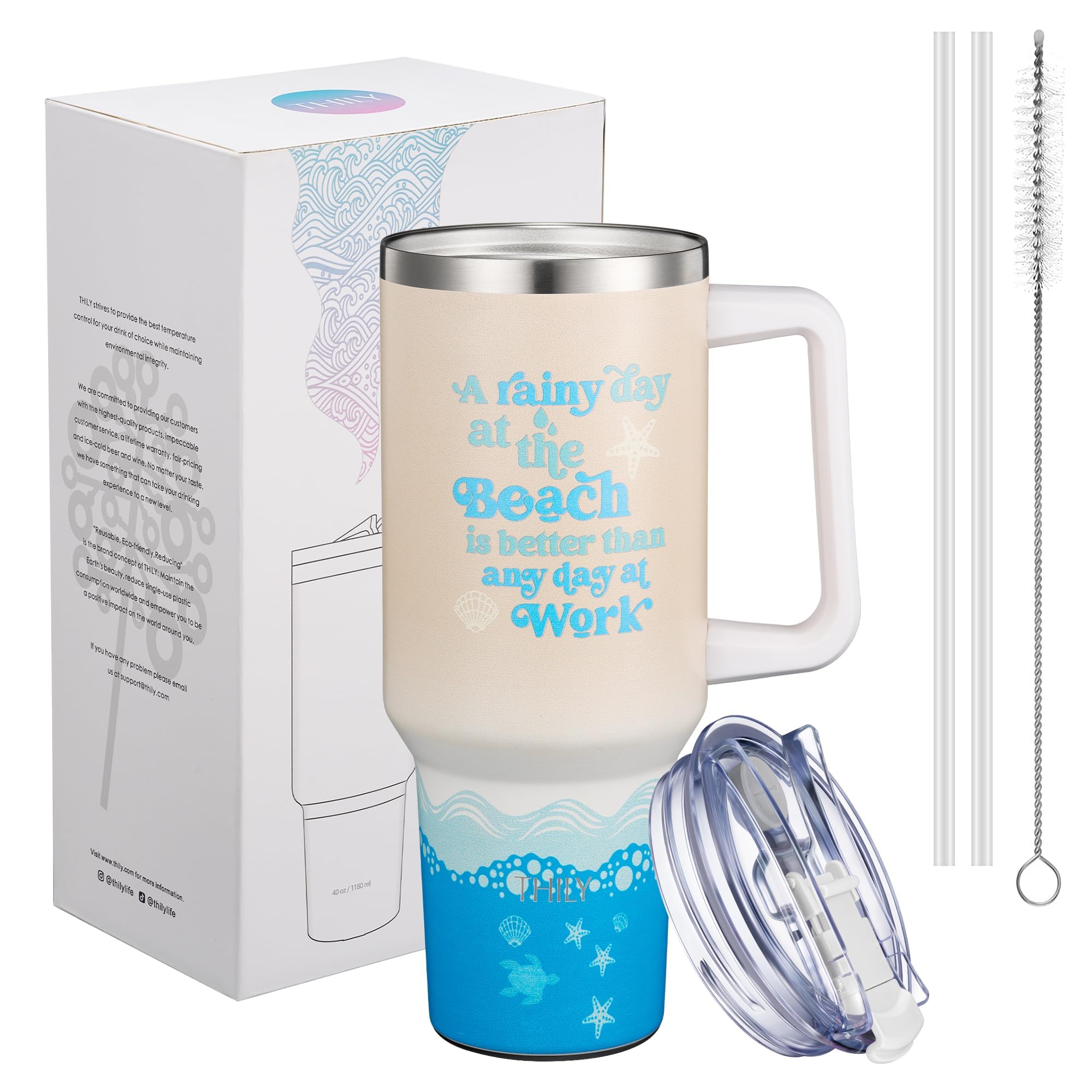 THILY 40 oz Stainless Steel Tumbler with Handle - Vacuum Insulated Travel Cup, Splash-Proof Lid, 2 Straws & Brush | Keeps Drinks Cold 34H/Hot 12H, Cupholder Friendly - Beach