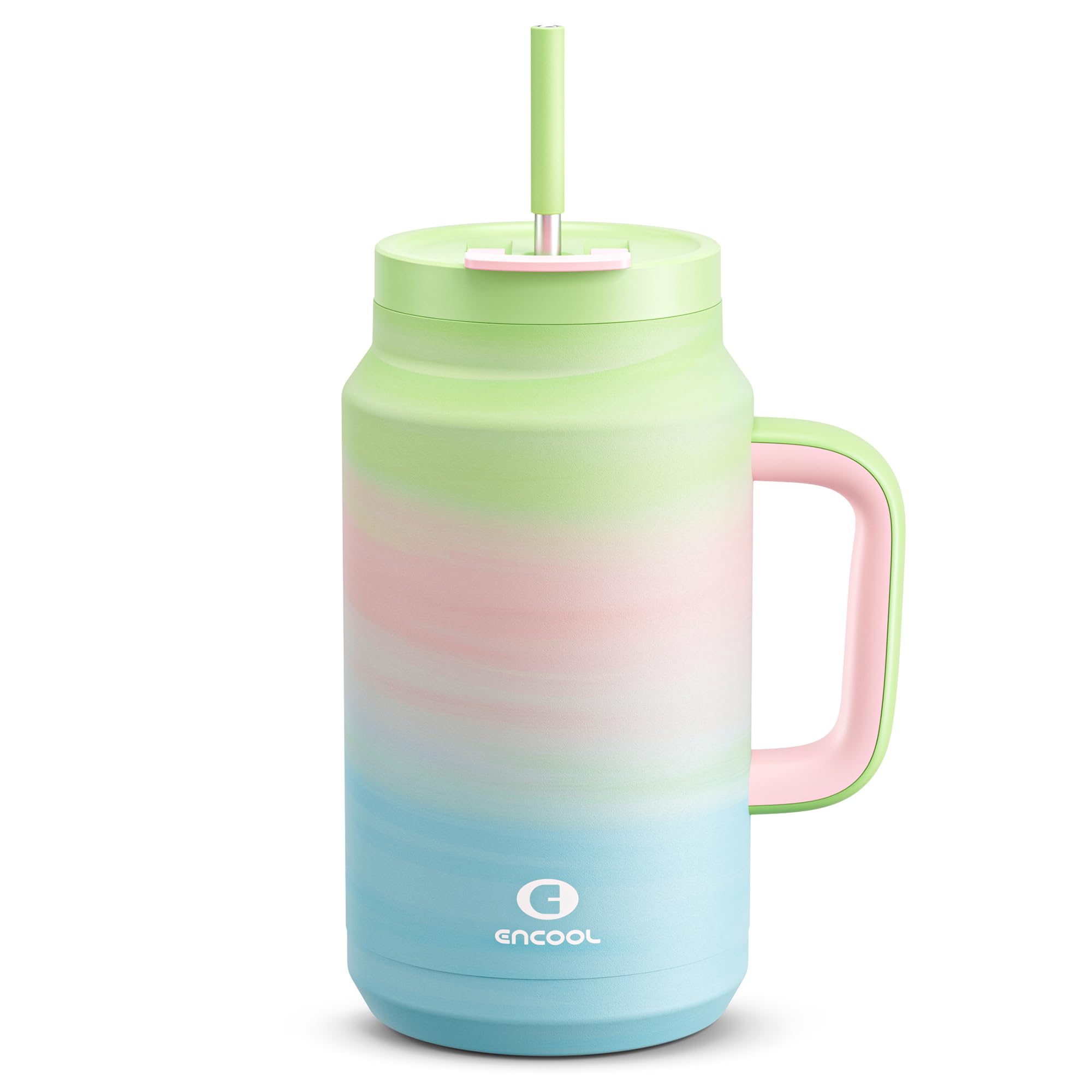 ENCOOL 50 oz Tumbler with Handle and Straw, 100% Leak-Proof Insulated Cup Large Water Bottle with 2-in-1 Lid, Reusable Stainless Steel Travel Mug Water Jug, Non-slip Base, BPA-Free （Fairy）