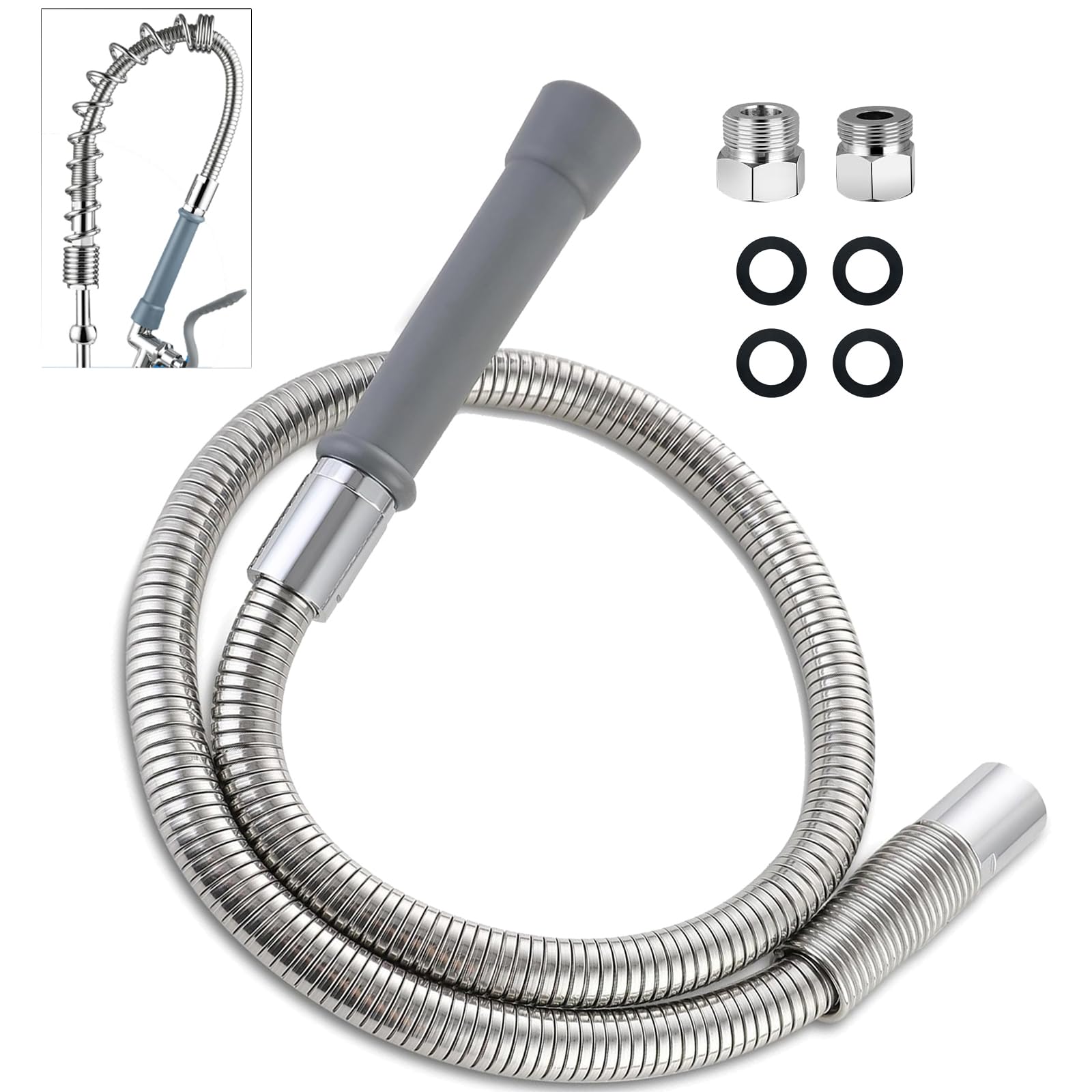 Replacement B-0044-H Commercial Sink Sprayer Hose for T&S Brass, 44 inch Stainless Steel Flexible Pre-Rinse Hose with Heat Resistant Gray Handle Commercial Kitchen Sink Faucet Dish Spray Part