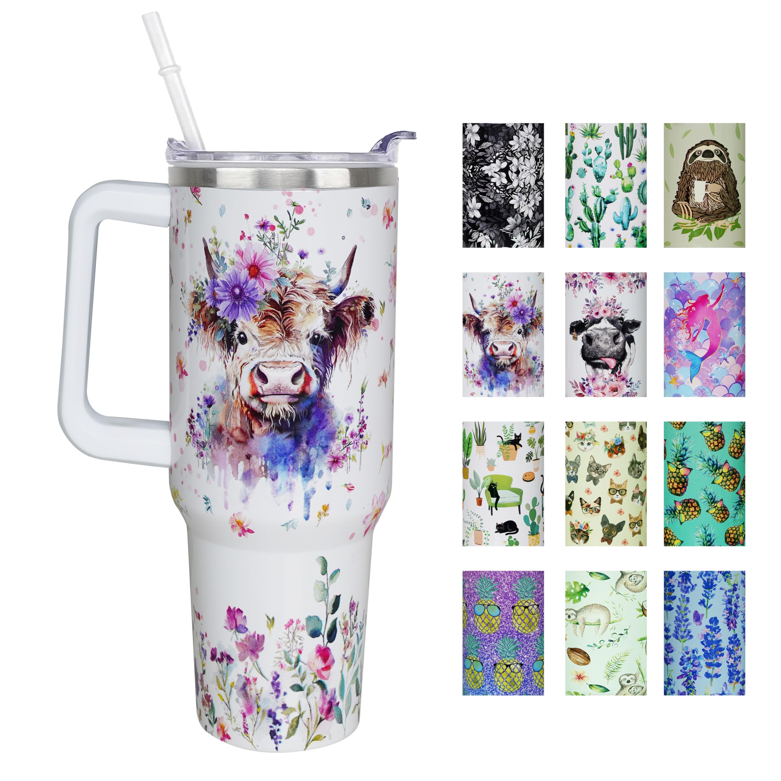 sgqjdpmc 40 oz Cow Print Tumbler with Handle and Straw Lid 40oz Cute Cow Themed Gifts Steel Insulated Travel Cow Coffee Cup