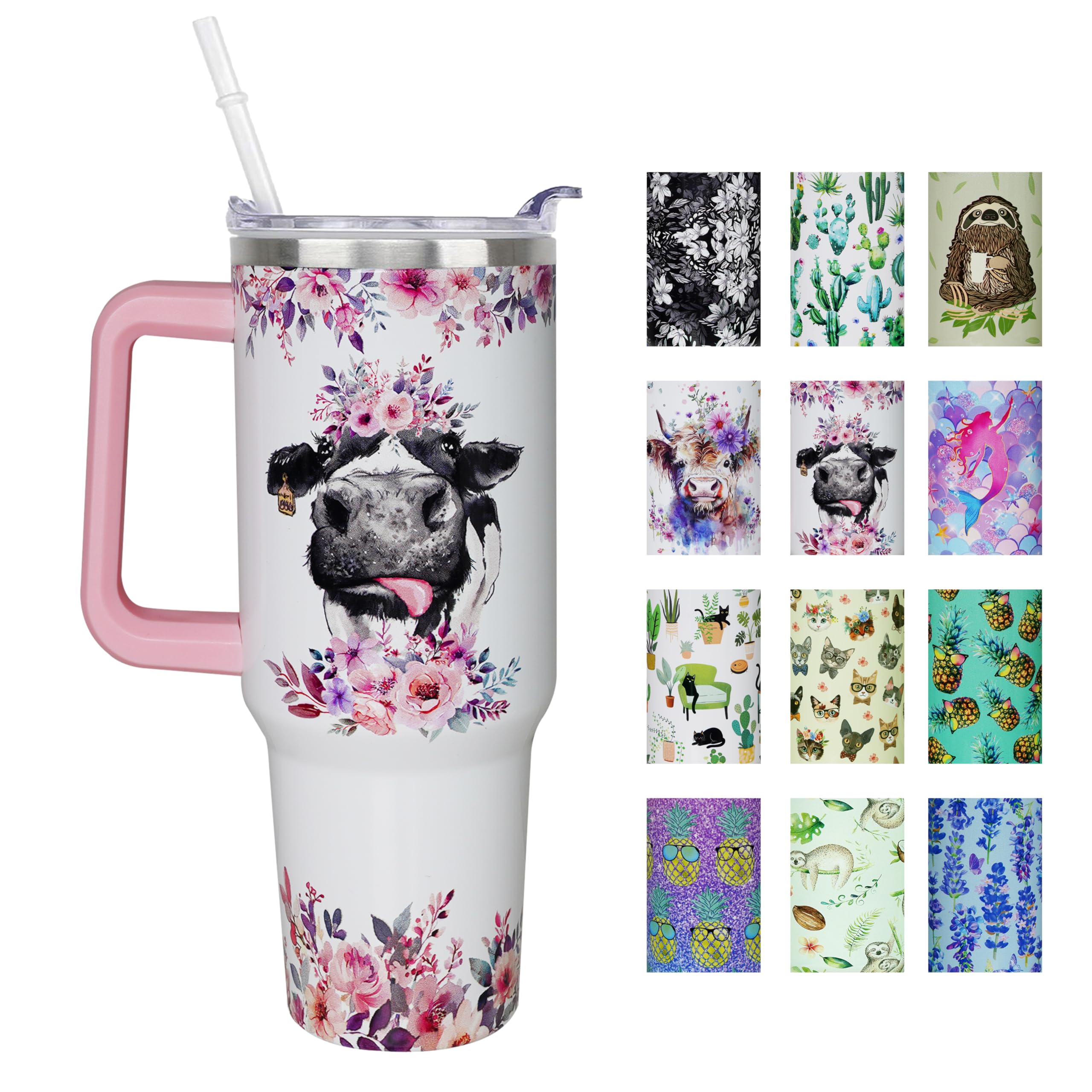 sgqjdpmc 40 oz Cow Print Tumbler with Handle and Straw Lid 40oz Cute Cow Themed Gifts Steel Insulated Travel Cow Coffee Cup