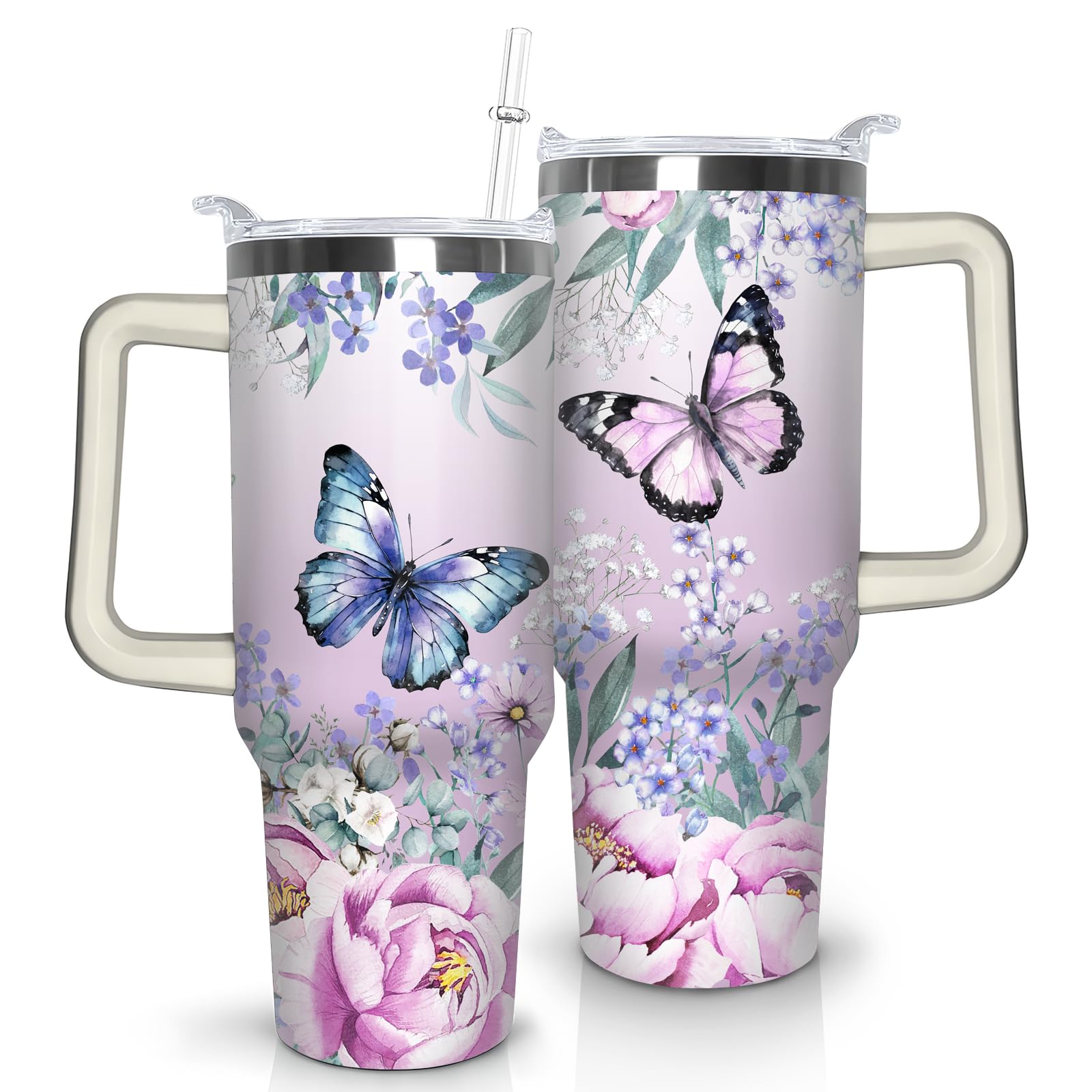 Thmasamwr Butterfly Tumbler With Lid, Straw and Handle - 40oz Stainless Steel Travel Coffee Mug Water Bottle - Gift Cup for Women and Girls