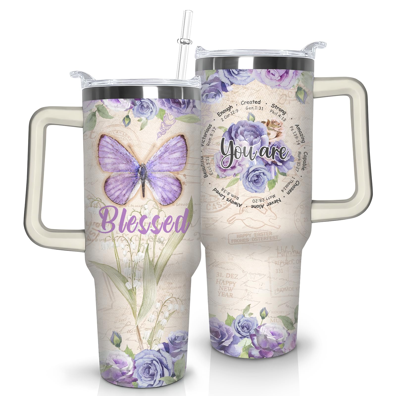 Thmasamwr Butterfly Tumbler With Lid, Straw and Handle - 40oz Stainless Steel Travel Coffee Mug Water Bottle - Gift Cup for Women and Girls