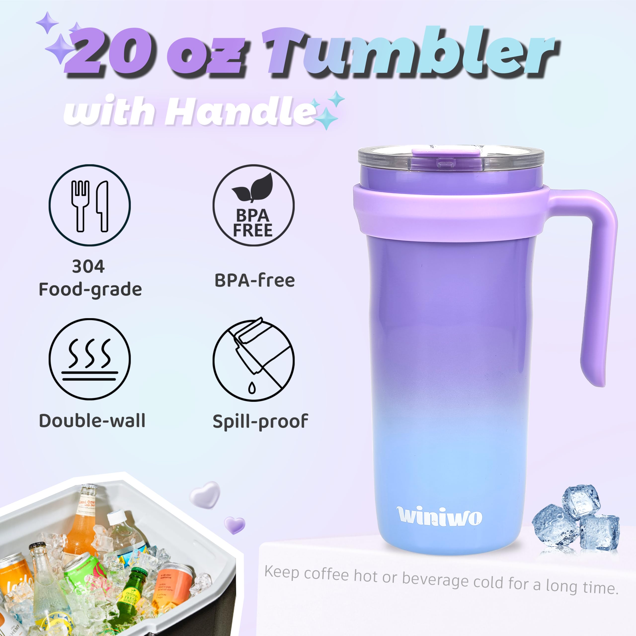 winiwo 20 oz Tumbler with Handle, Easy to Hold, Travel Coffee Mug with Screw Lid, Spill-proof, Insulated Cups, Built-in Up Down Flip, Fit Most Car Cup Holders, Commute, School, Home, Office