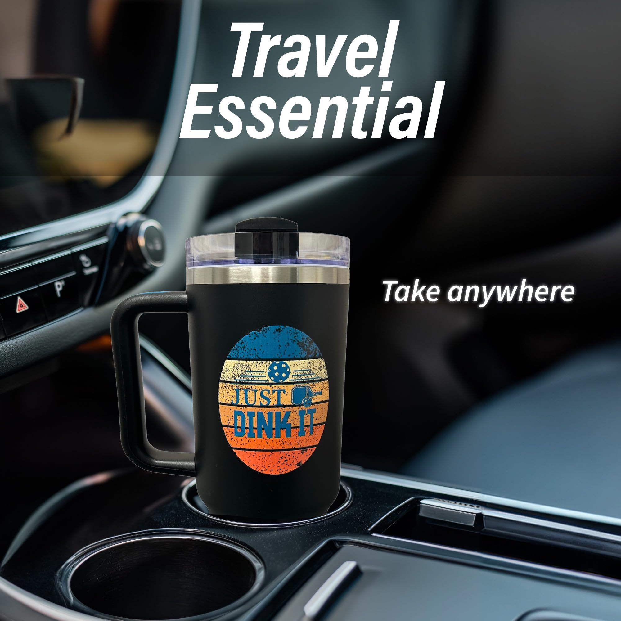 ReLIVE Pickleball Insulated 40oz Stainless Steel Tumbler Cup with Lid, Straw, and Handle, Drink, Tea, and Coffee Travel Mug - Black