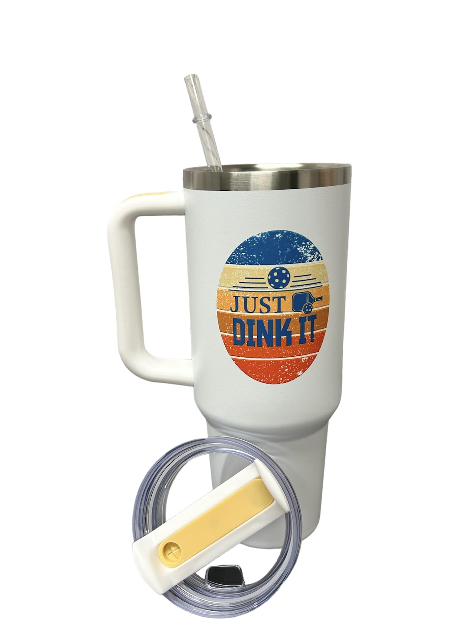 ReLIVE Pickleball Insulated 40oz Stainless Steel Tumbler Cup with Lid, Straw, and Handle, Drink, Tea, and Coffee Travel Mug - White