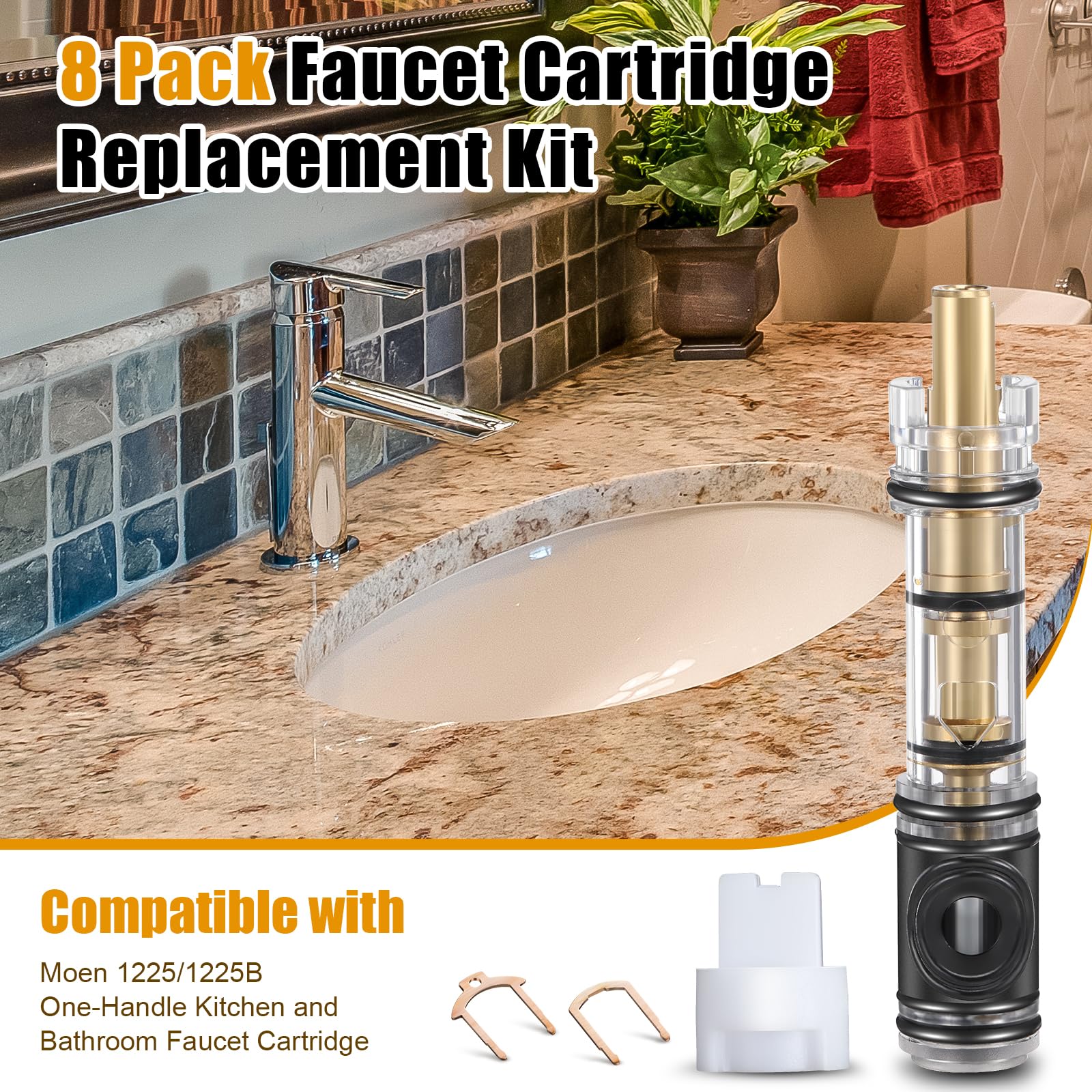 Hohean 8 Pack Dual Seal Cartridge Replacement Compatible with Moen 1225 1225B Cartridge, One Handle Kitchen and Bathroom Faucet Cartridge Fits Single Handle Faucet Showers, Brass