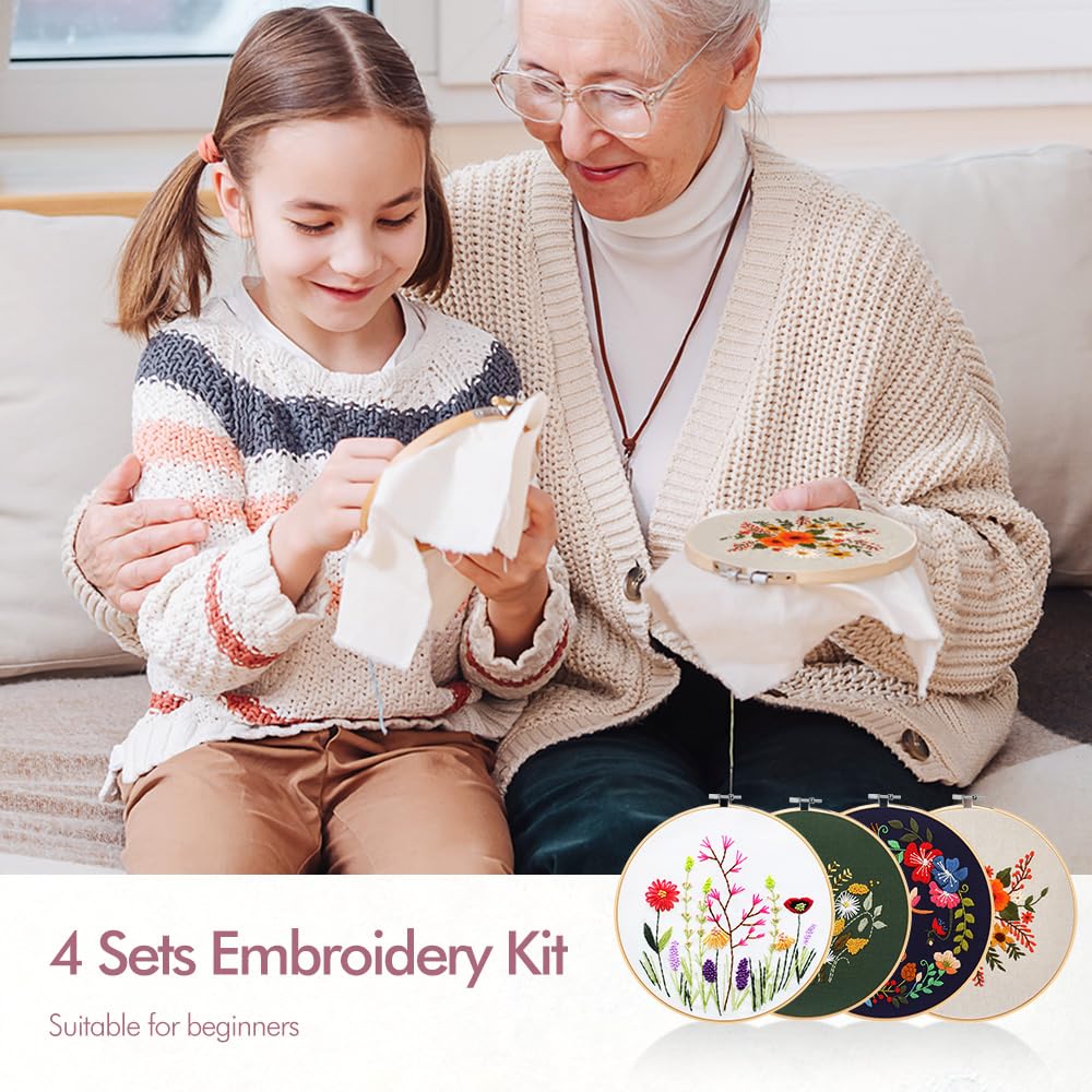 4 Pack Embroidery Kit for Beginners,Adults DIY Starter Kit,Cross Stitching Kits with Flower Stamped Patterns,Hoop,Tools,Colorful Threads with Needles,Step by Step Instructions,Hand Craft Lover Gift