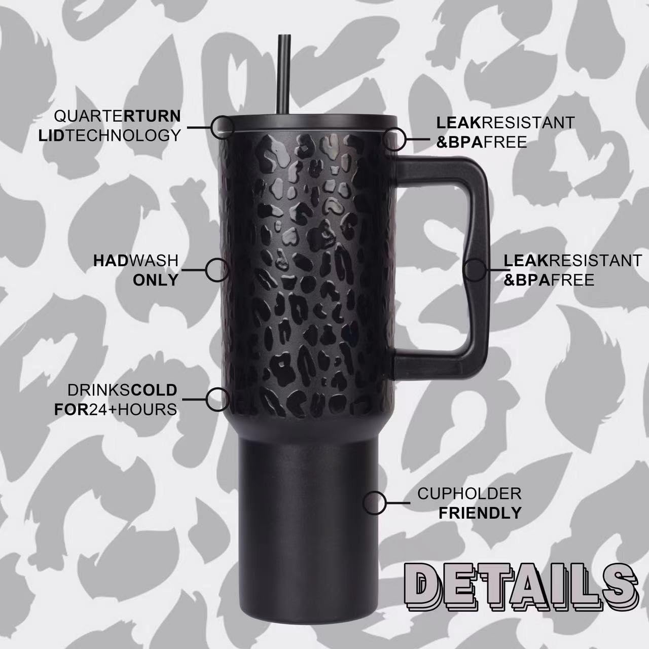 ZHIDENGWJ Stainless Steel Vacuum Insulated Tumbler with Lid and Straw for Water, Iced Tea or Coffee(Black Leopard Print)