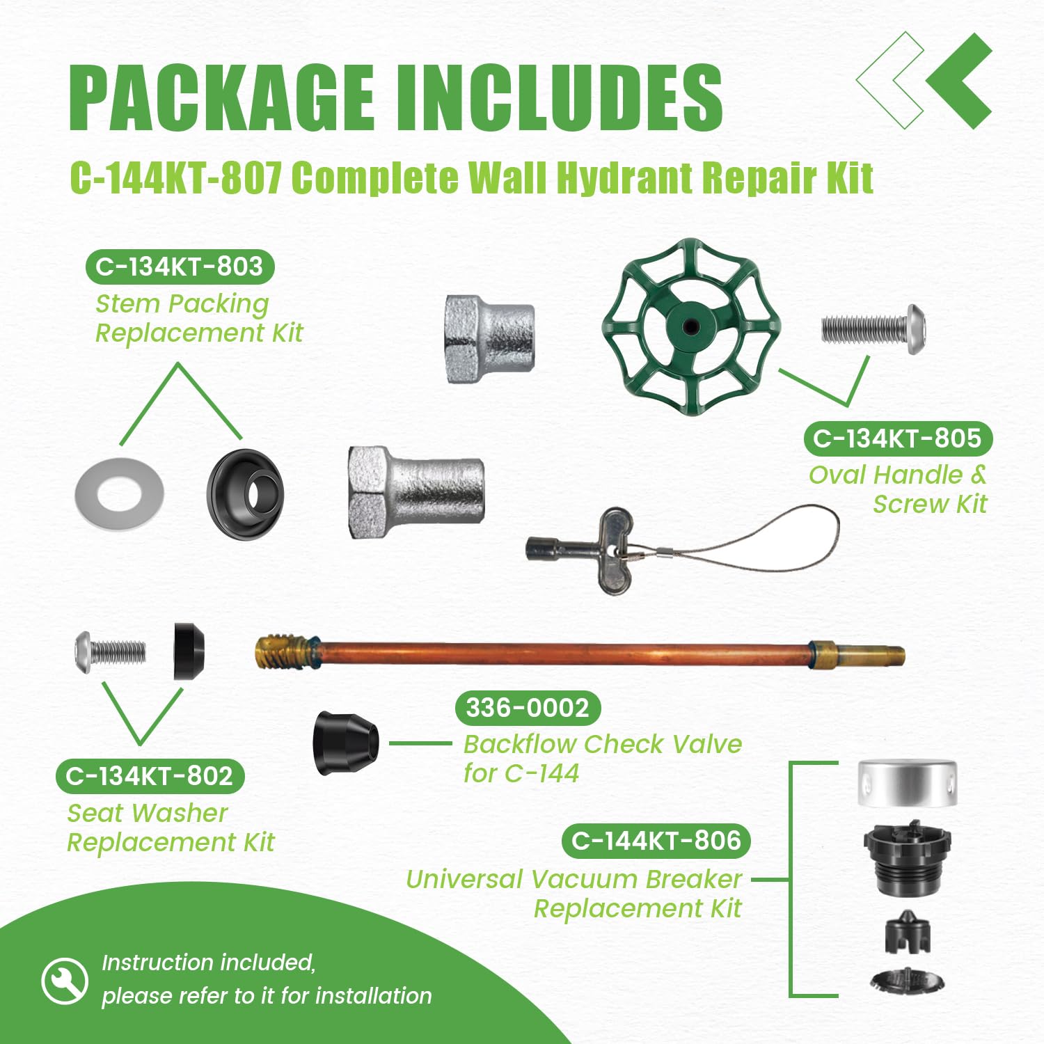 Replace for Prier C-144KT-807 Anti-Siphon Freezeless Faucet Repair Kit C-144KT-807 C-144 Series Complete Repair Kit fit for C-144/244 Series Wall Hydrant