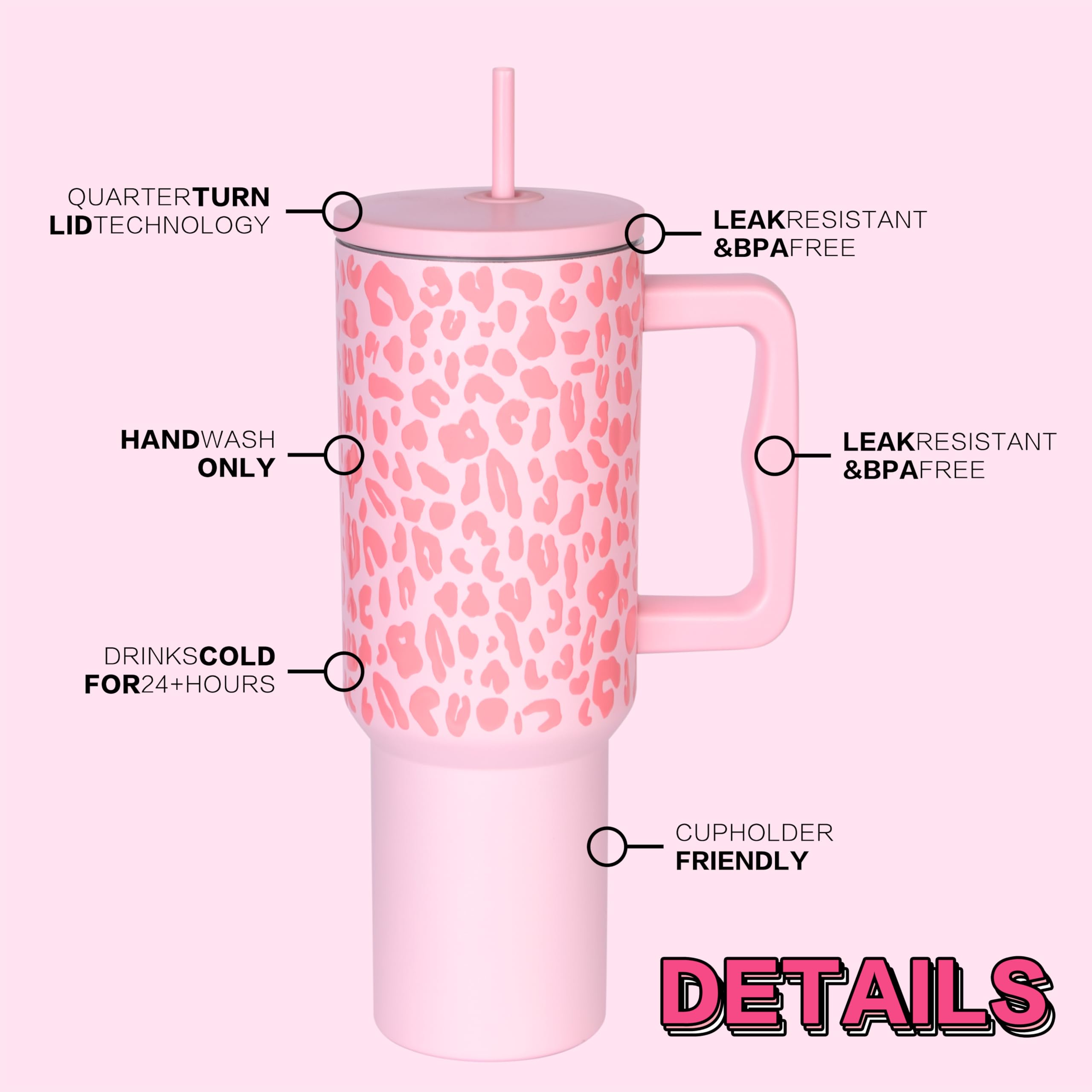 ZHIDENGWJ Stainless Steel Vacuum Insulated Tumbler with Lid and Straw for Water, Iced Tea or Coffee(Light Pink Leopard Print)