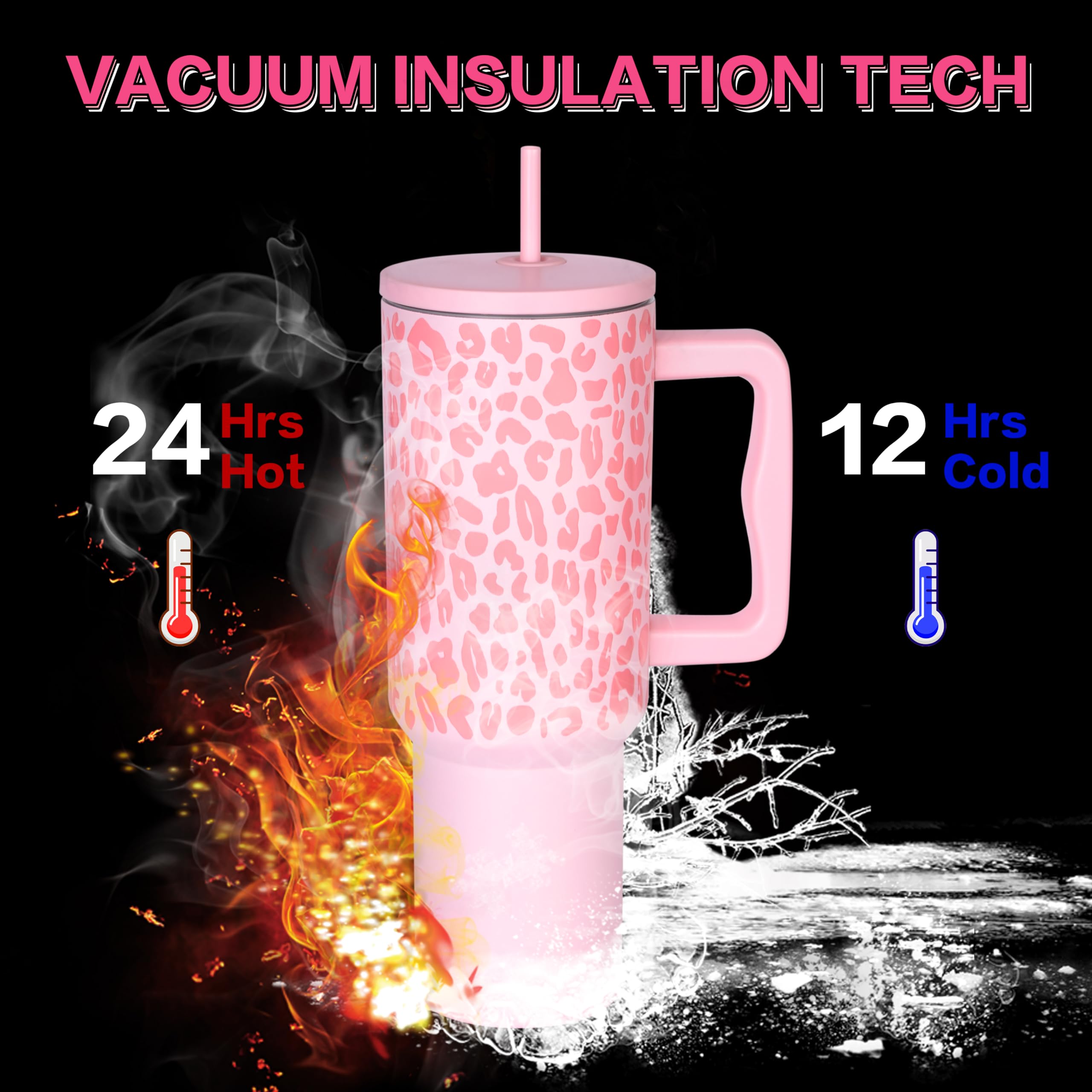 ZHIDENGWJ Stainless Steel Vacuum Insulated Tumbler with Lid and Straw for Water, Iced Tea or Coffee(Light Pink Leopard Print)