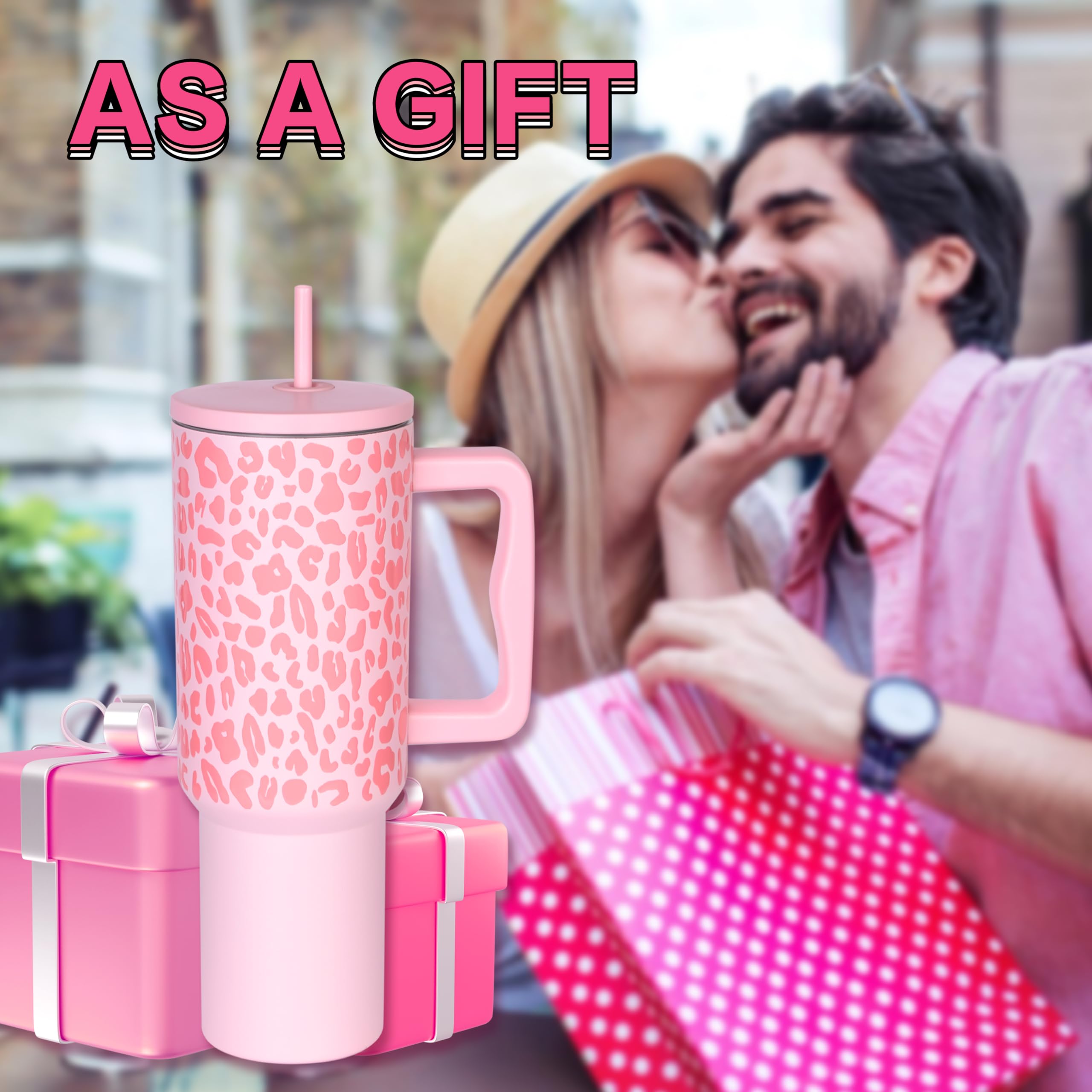 ZHIDENGWJ Stainless Steel Vacuum Insulated Tumbler with Lid and Straw for Water, Iced Tea or Coffee(Light Pink Leopard Print)