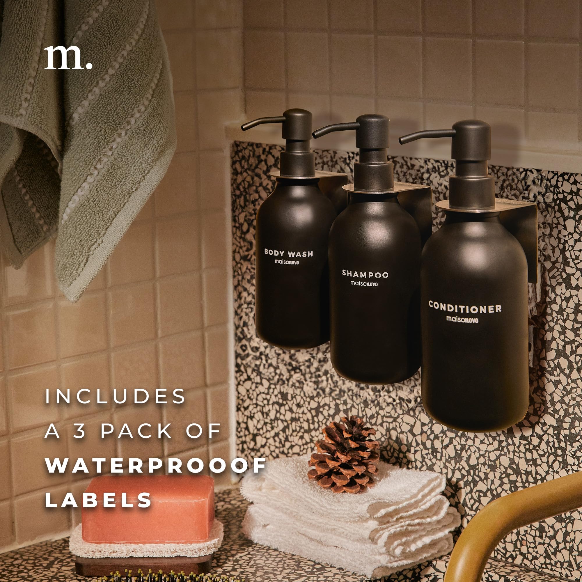 MaisoNovo Shampoo and Conditioner Dispenser - 3 Plastic Amber 3 Wall Mount Black - 3 Plastic Black 3 Wall Mount Black