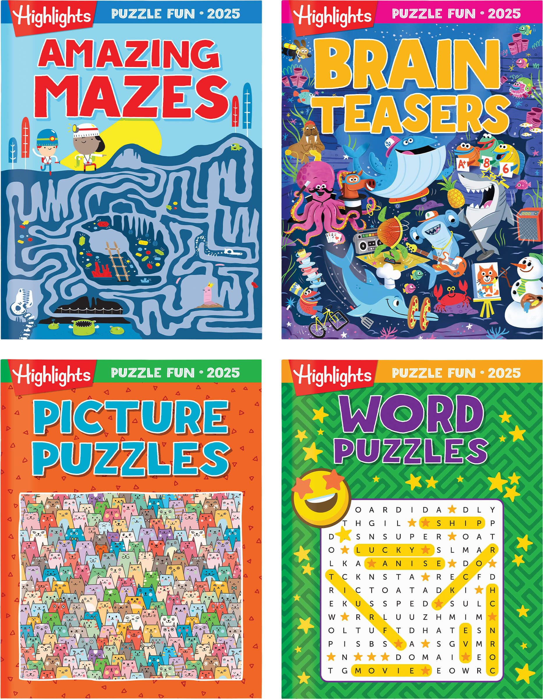 Highlights for Children Puzzle Fun 2025 Books for Kids Ages 6 and Up, 4-Book Set of Brain Teasers, Mazes, Word Puzzles and More Travel-Friendly Screen Free Kids Puzzles