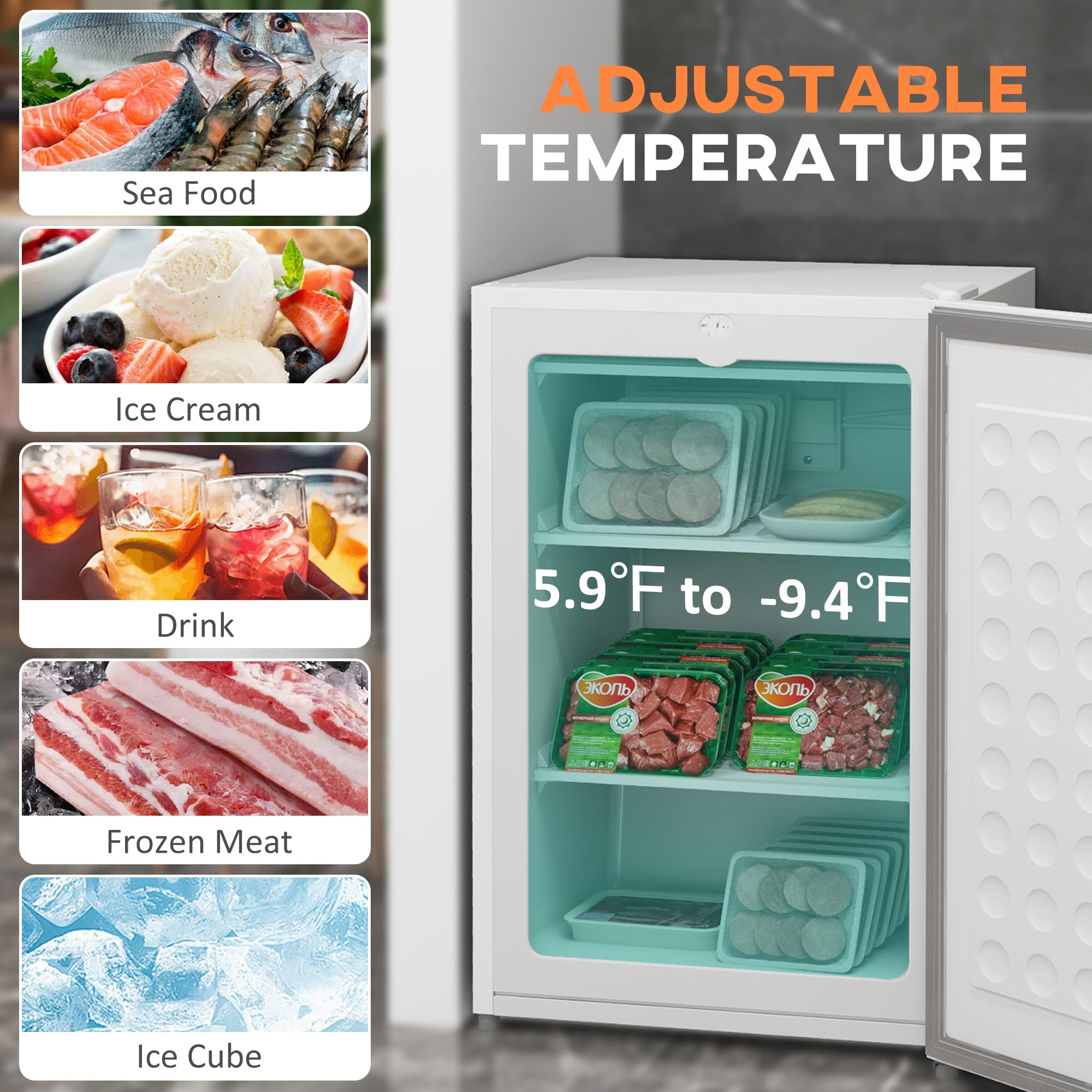 HOMCOM Mini Freezer Countertop, 3 Cu.Ft Compact Upright Freezer with Removable Shelves, Reversible Door for Home, Dorm, Apartment and Office, White