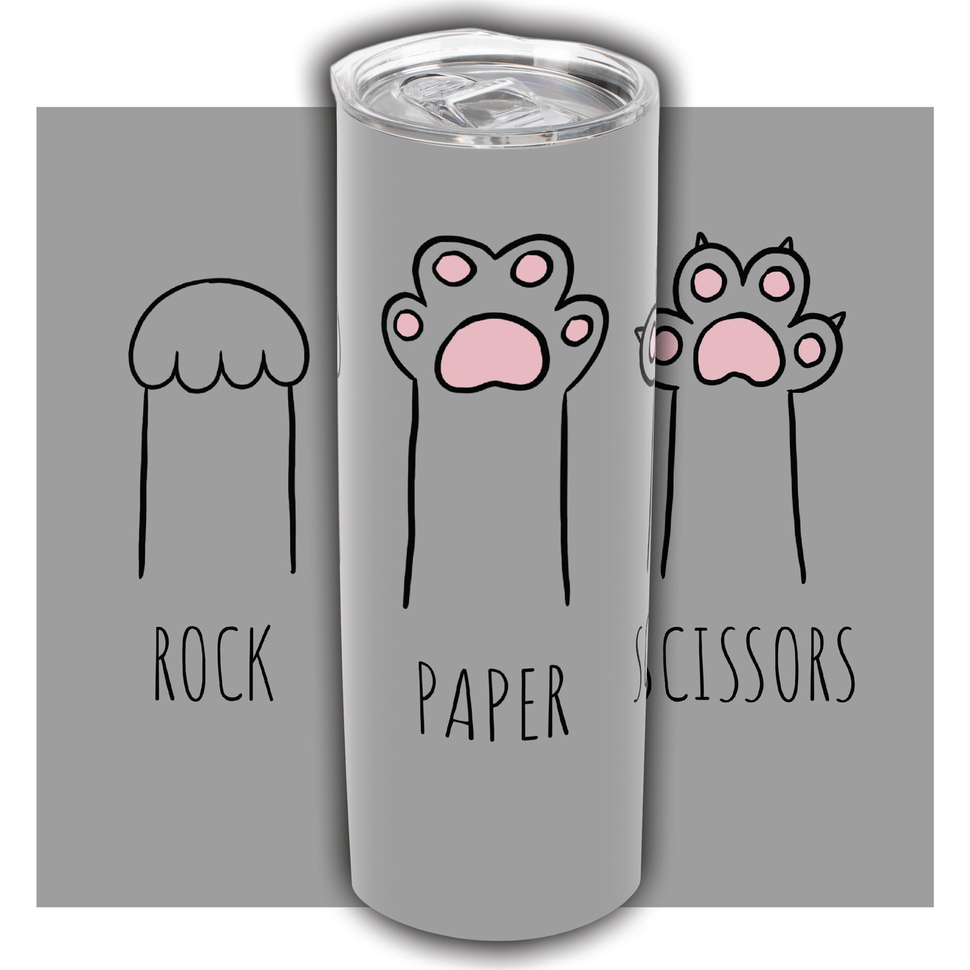 Elanze Designs Rock Paper Scissors Kitty Cat Paw Claws Wrap-Around Design 20 Ounce Stainless Steel On-The-Go Coffee Travel Insulated Skinny Tumbler Mug Cup, Slide Top Lid, MRC-20OZ-SH286