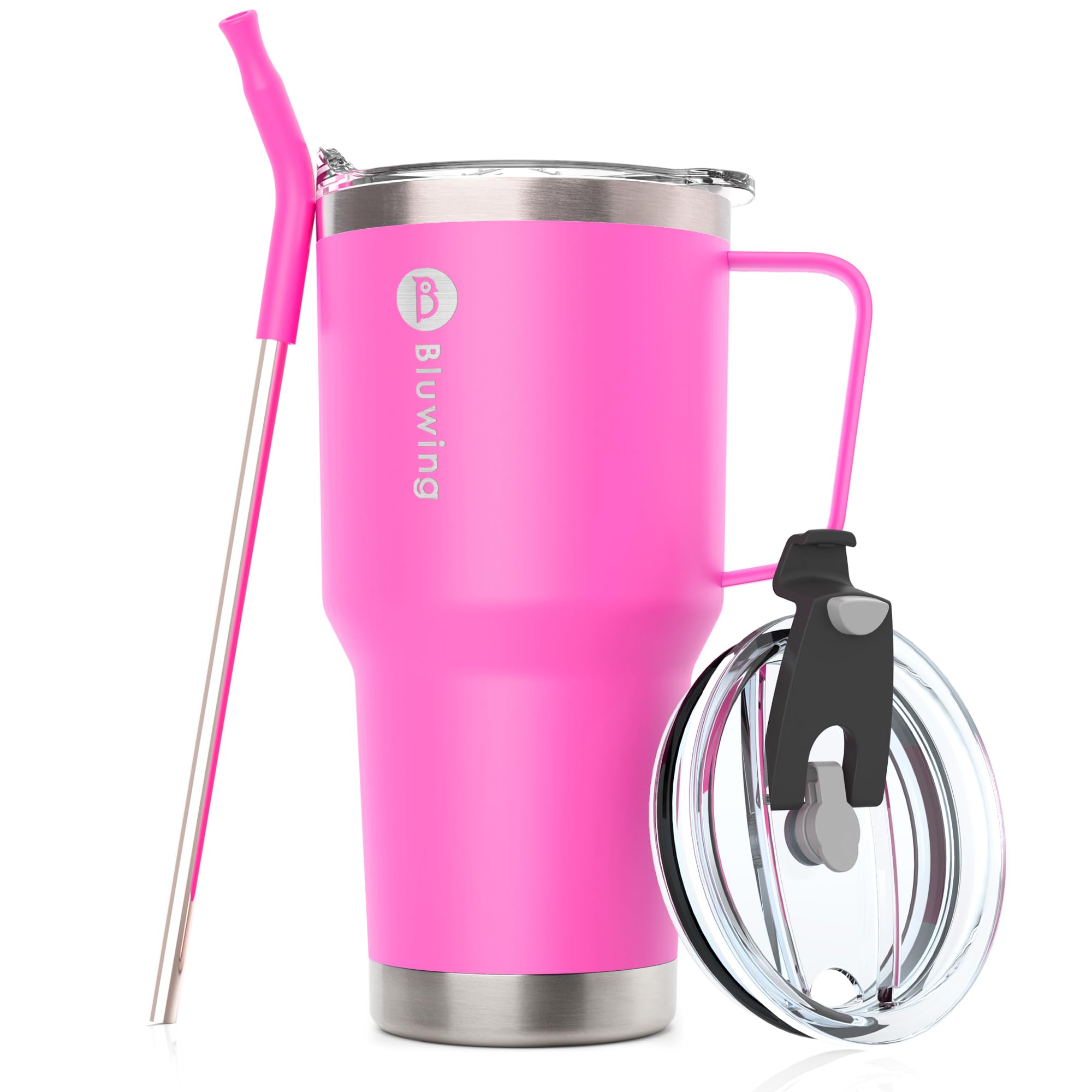Bluwing 30 oz Insulated Tumbler Cups with Handle and Straw-Stainless Steel Travel Coffee Mug Tumbler for Women (Hot Pink)