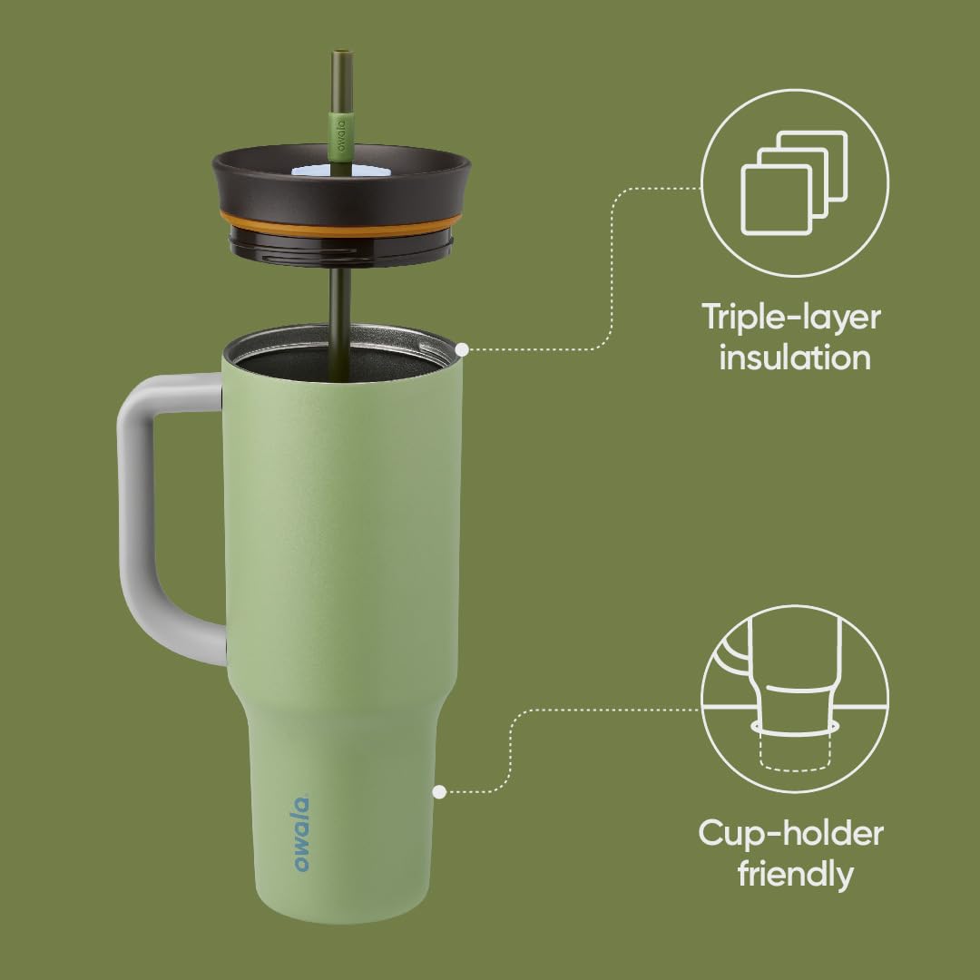Owala 40oz Stainless Steel Insulated Travel Tumblers, Green & Blue, with Spill Resistant Lid, Straw, Carry Handle (Brave Adventures & The Great Blue)