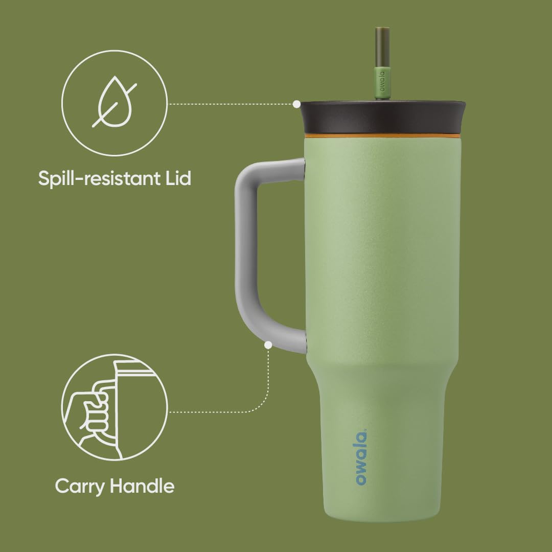 Owala 40oz Stainless Steel Insulated Travel Tumblers, Green & Blue, with Spill Resistant Lid, Straw, Carry Handle (Brave Adventures & The Great Blue)