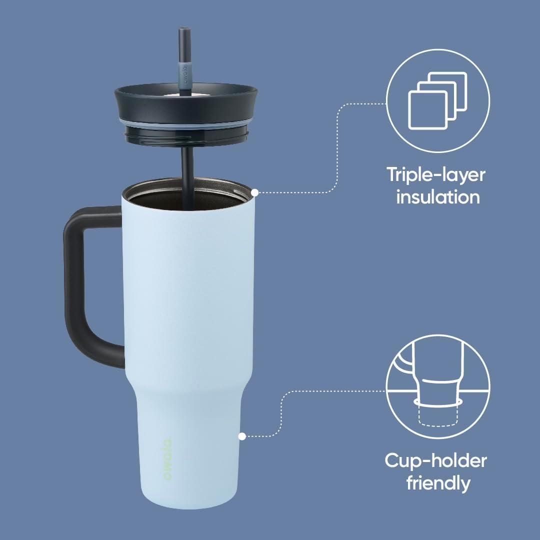 Owala 40oz Stainless Steel Insulated Travel Tumblers, Green & Blue, with Spill Resistant Lid, Straw, Carry Handle (Brave Adventures & The Great Blue)