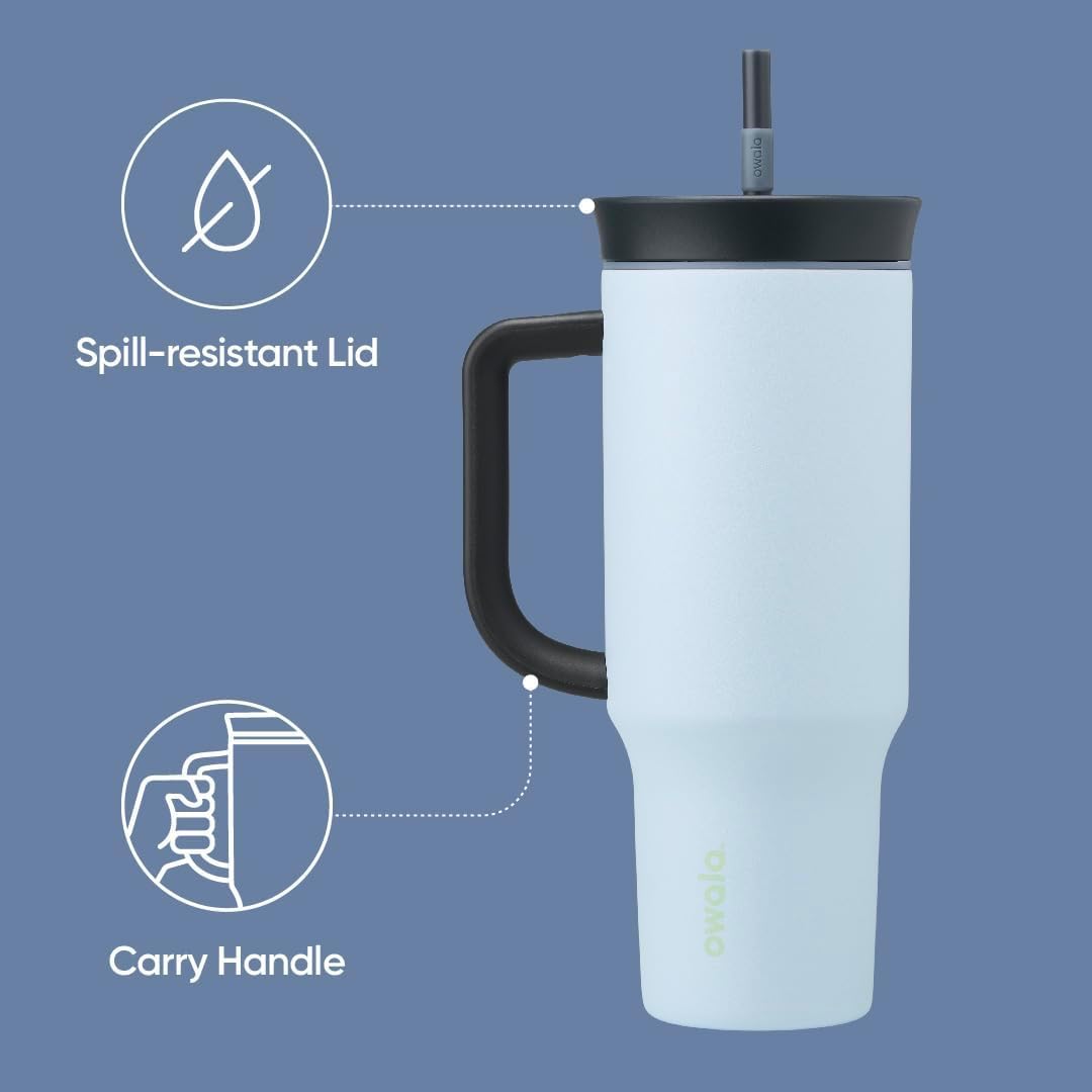 Owala 40oz Stainless Steel Insulated Travel Tumblers, Green & Blue, with Spill Resistant Lid, Straw, Carry Handle (Brave Adventures & The Great Blue)