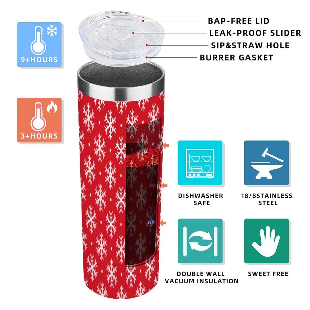 silichee 20 Oz Insulated Tumblers Stainless Steel Cup with Lid Christmas Snowflake Pattern White Snow Red Background Wrapping Texture Tumblers Vacuum Coffee Mugs for Cold Hot Drinks for Sport