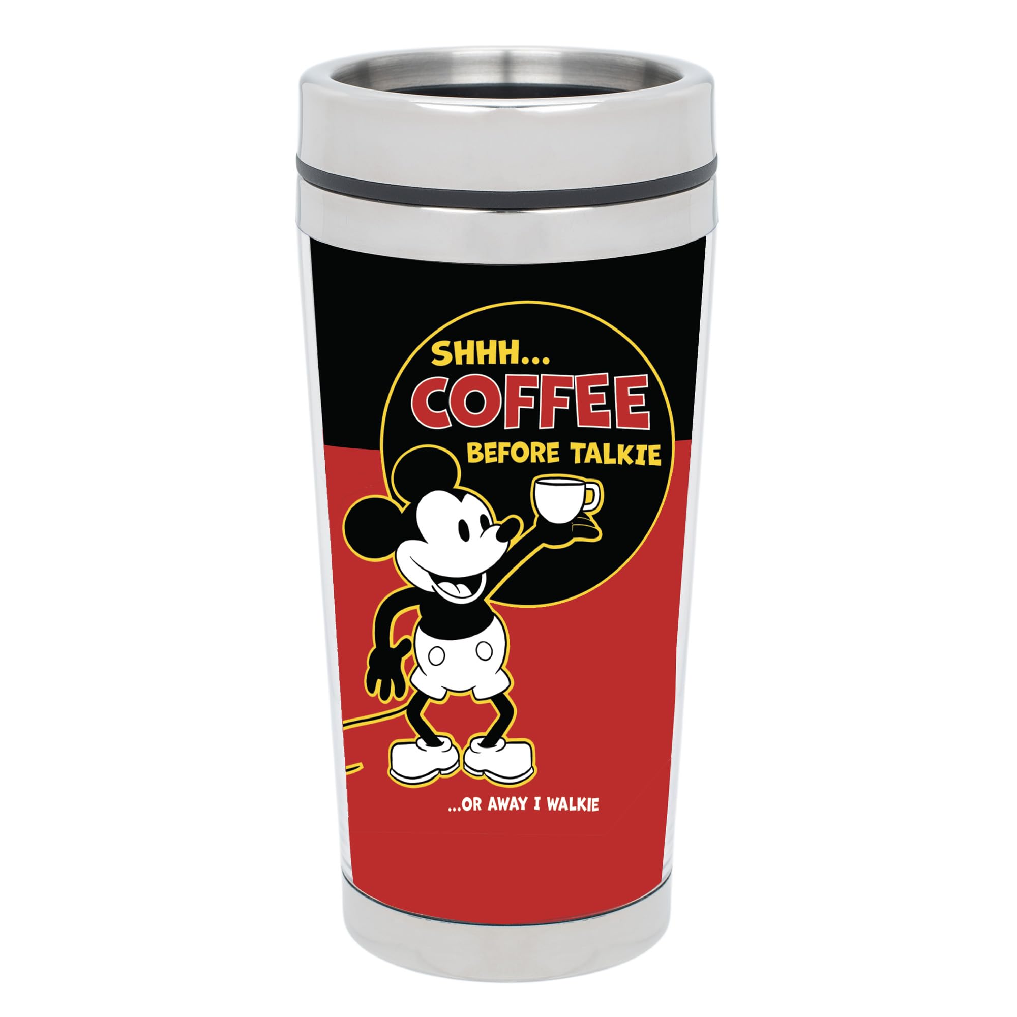 Elanze Designs Steamboat Willie Coffee Before Talkie Magical Mouse Fairytale 16 Ounce Stainless Steel Classic Coffee Travel Mug Tumbler, Slide Top Lid, Wrap-Around Design, Kitchen, SSMUG-SH1453