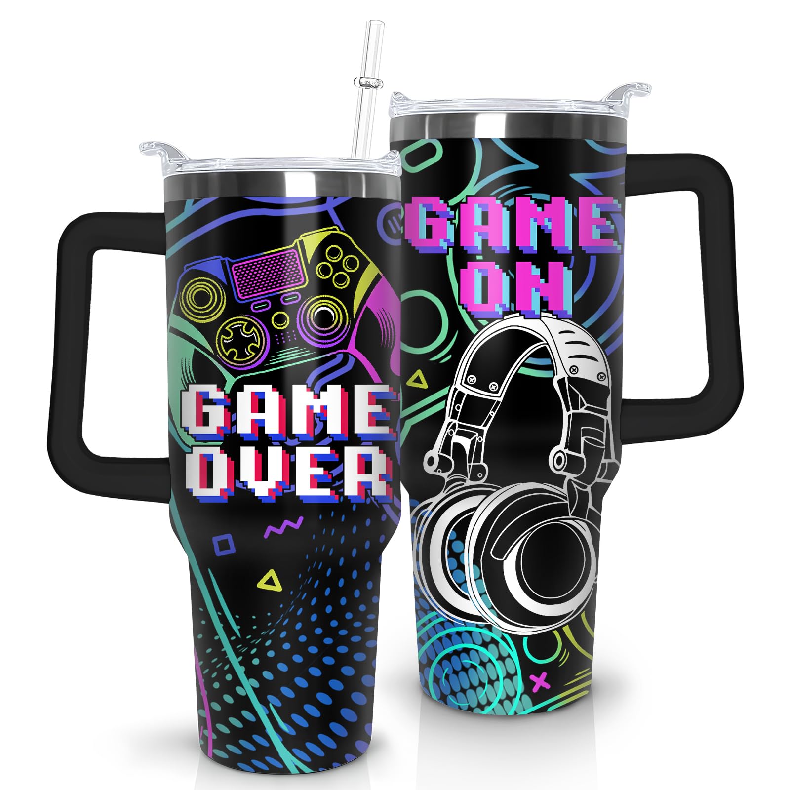 thmasamwr Game Tumbler with Lid and Straw, 40oz Gamer Water Bottle Cup with Handle, Gaming Travel Coffee Mugs, Birthday Gifts for Gamer Men Boys