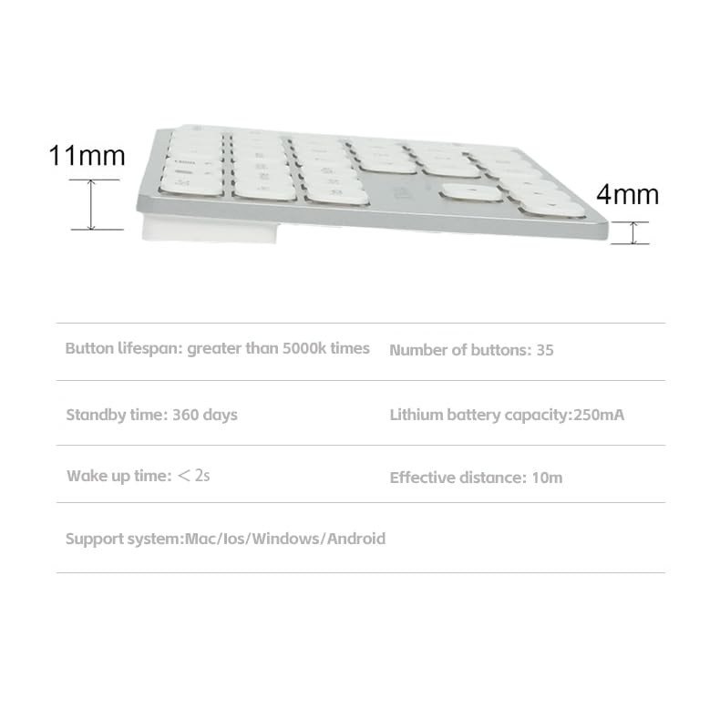 JOMAA 36 Keys Bluetooth Numeric keypad Portable Mini Financial Accounting Rechargeable Number pad Ultra-Silent for iPad Laptop,Mac, iMac, Tablet, PC and Desktop (Silver)