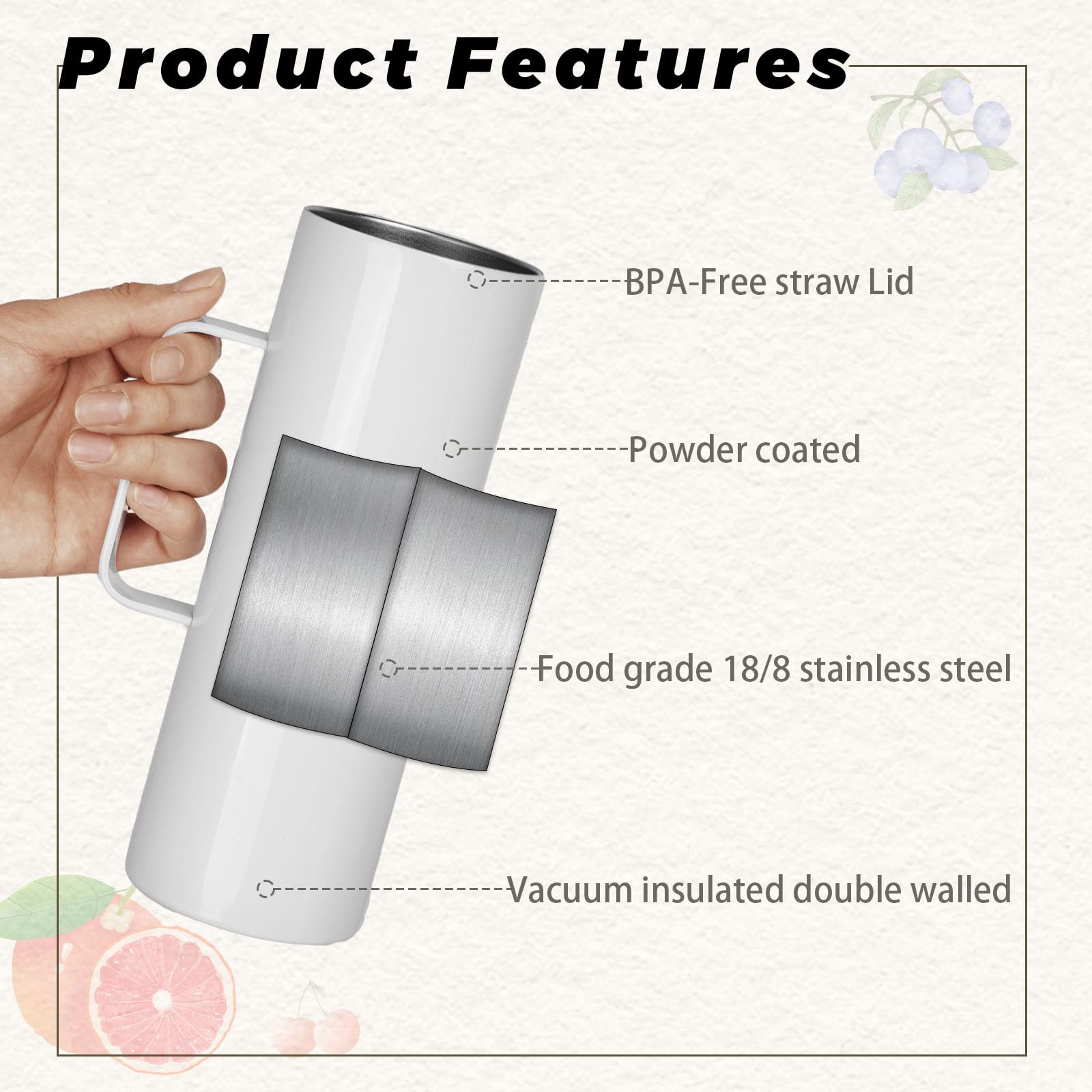 Lilsofee 4 Pack 20 oz Sublimation Blanks Tumbler with Handle and Straw Stainless Steel Double Vacuum Insulation Skinny Mug Heat Press Transfer Printing Cups DIY Gifts, 20oz-4pack