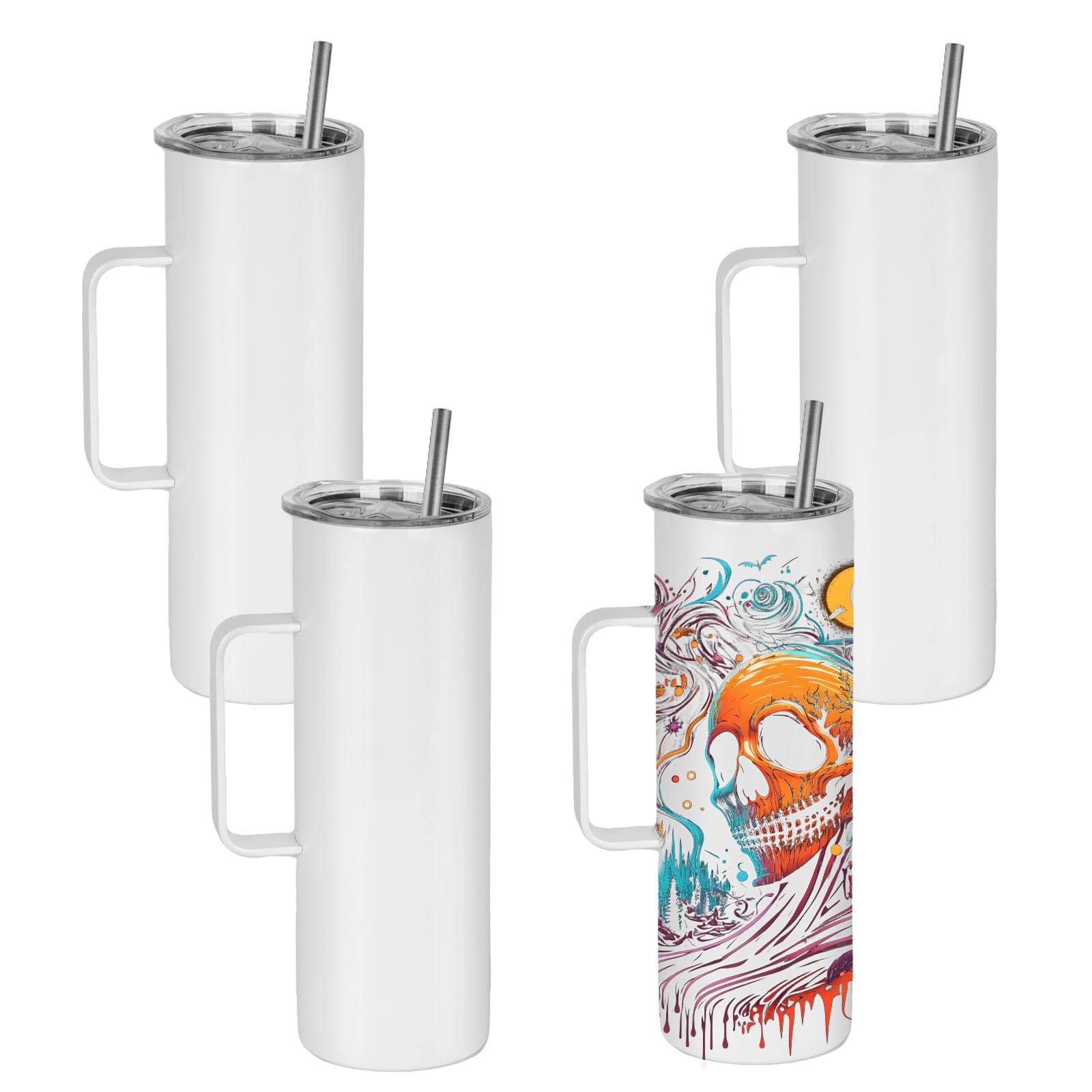 Lilsofee 4 Pack 20 oz Sublimation Blanks Tumbler with Handle and Straw Stainless Steel Double Vacuum Insulation Skinny Mug Heat Press Transfer Printing Cups DIY Gifts, 20oz-4pack
