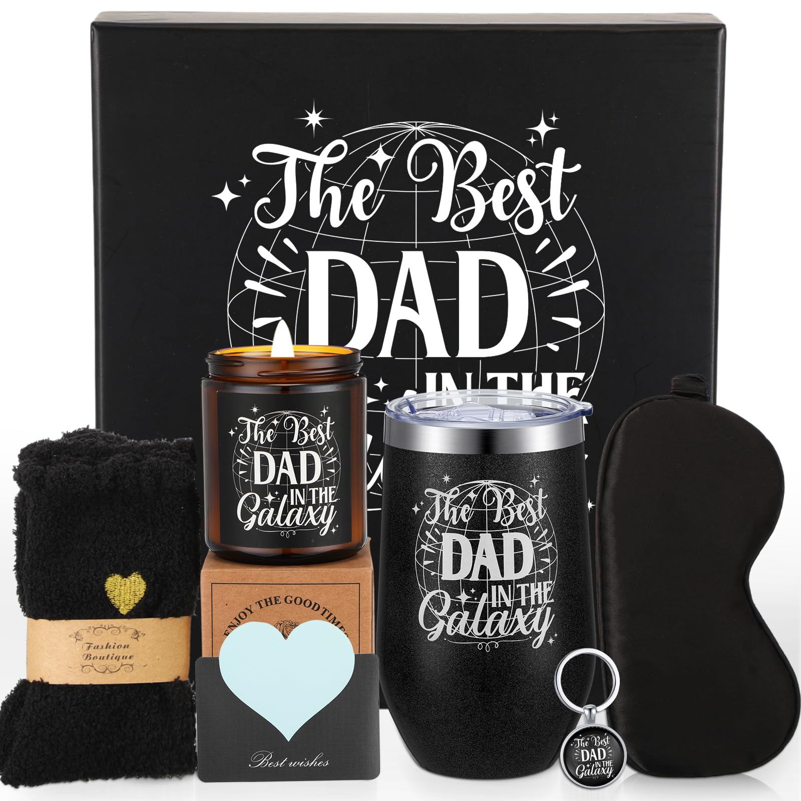 Tiangrid 7 Pcs Father's Day Gift Set for Dad Includes Insulated Tumbler, Aromatherapy Candle, Socks, Keychain, Eye Mask, Gift Card with Gift Box for Men Husband Daddy Retirement Employee Gifts