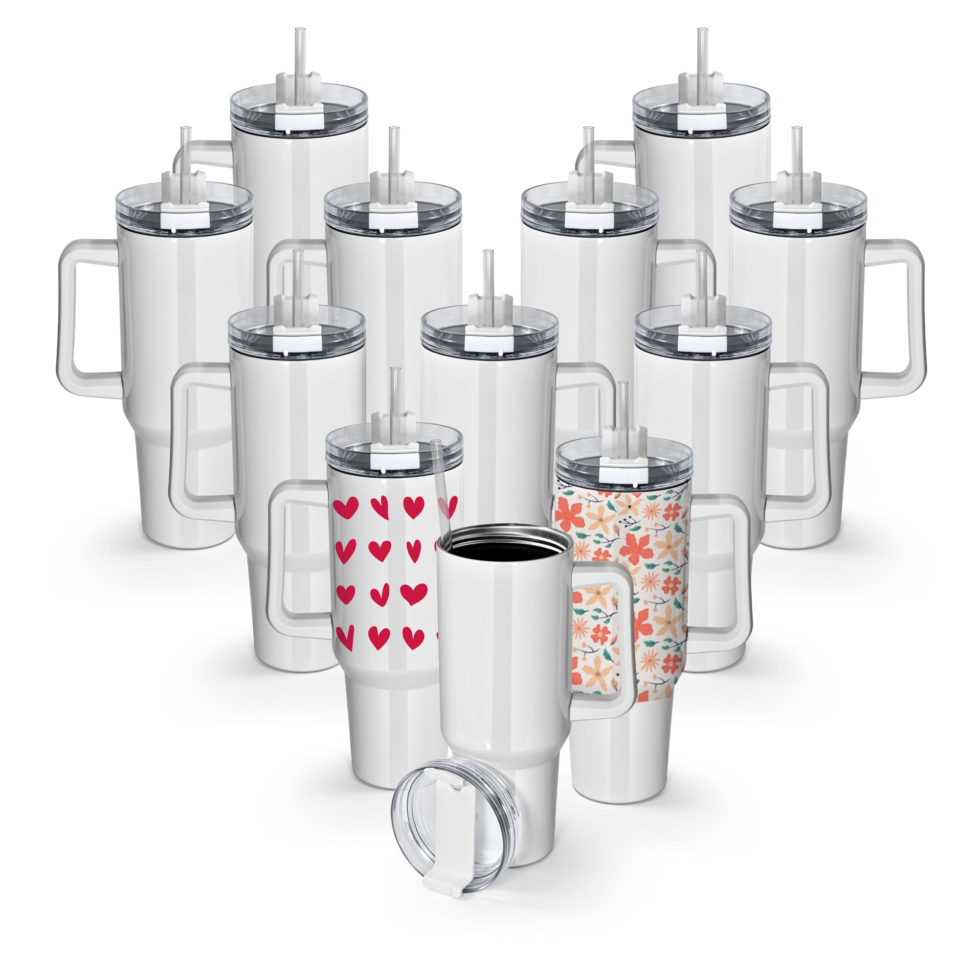 Icesip 12 Pack 40oz Sublimation Tumbler With Handle Double Wall Stainless Steel Insulated Tumblers With Lid Straw Bulk Blanks Cups for Heat Transfer Machine Printing (12 pack white handle)