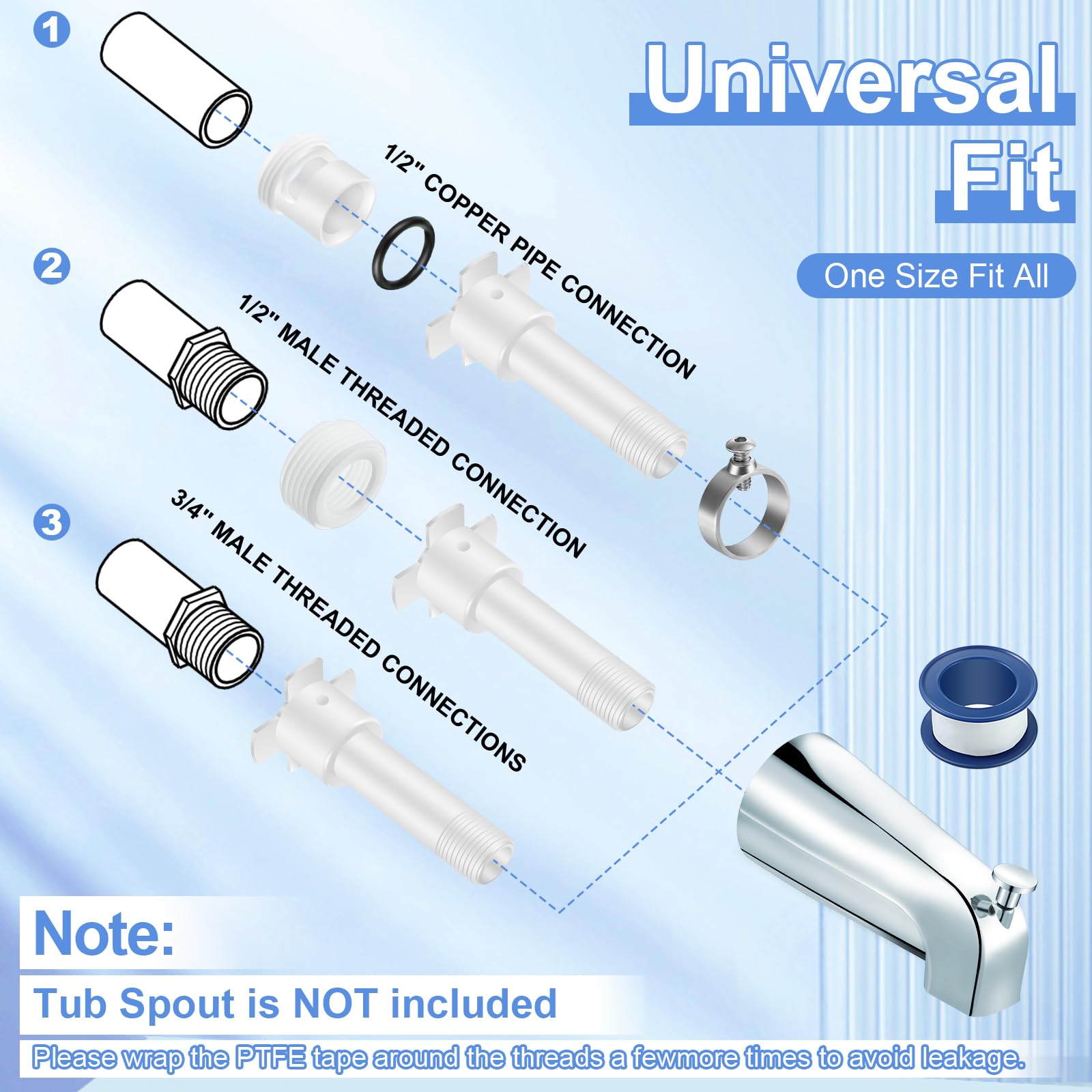 Dreyoo Four in One Tub Adapter, Bathtub Faucet Adapter Slip Fit for Copper, Universal Fits 1/2'' Copper Pipe, 1/2'' IPS and 3/4'' IPS, Tub Spout Diverter Repair Kit with Assembly Tool