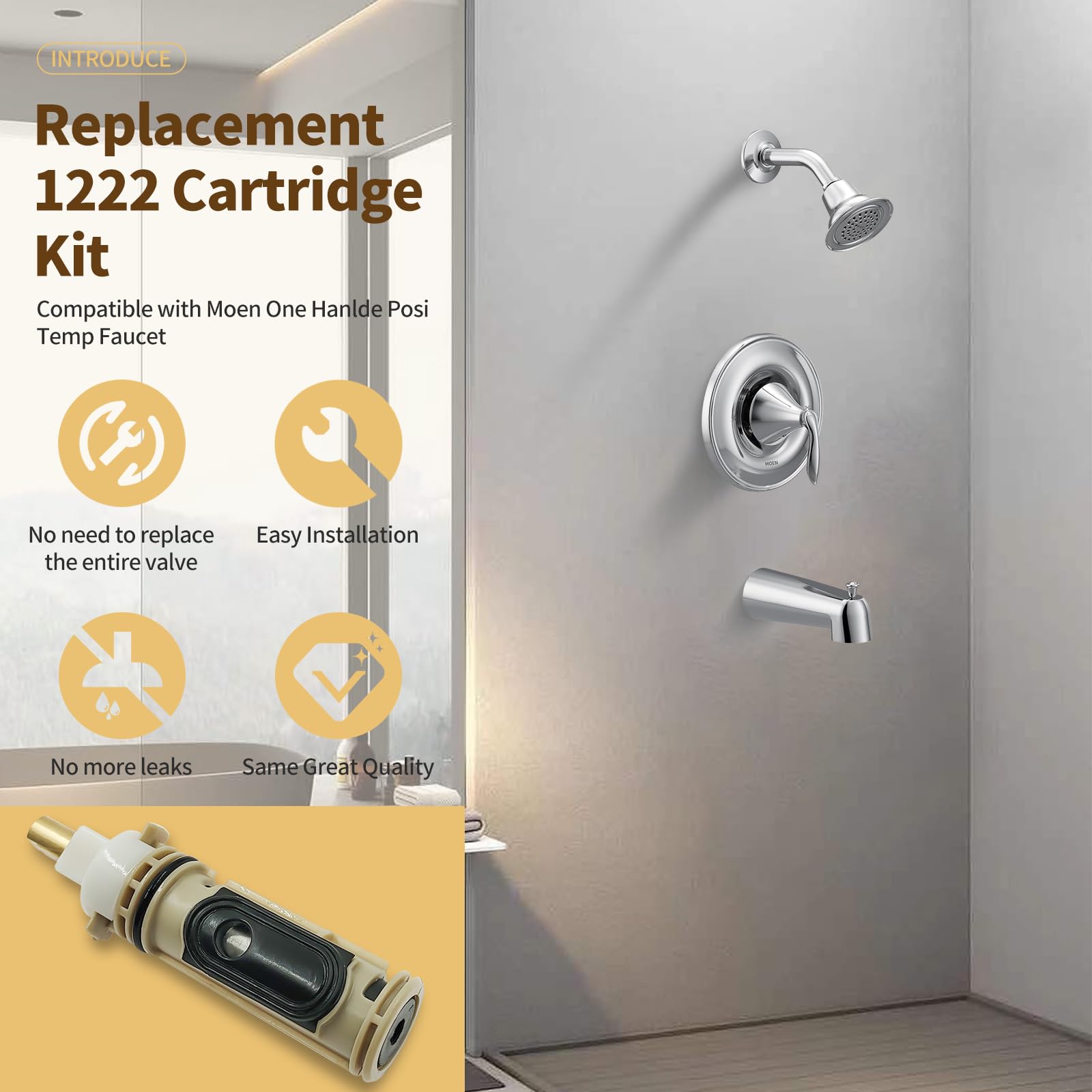1222B Shower Cartridge 104421 Cartridge Puller Removal Tool Kit Compatible with Moen Posi Temp For 1222B Single Handle Shower Bathtub Faucet Replacement 