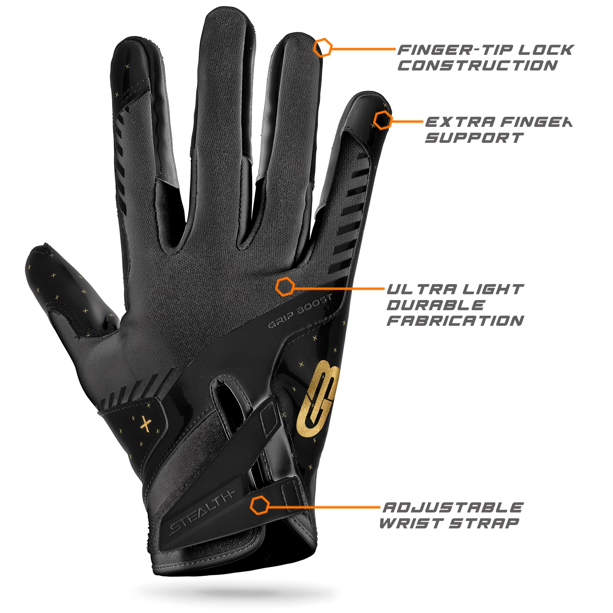 Grip Boost Football Gloves Peace Stealth 6.0 Boost Plus Technology Men's Receiver Gloves - Adult and Youth Sizes (Black/Gold, Youth Small)