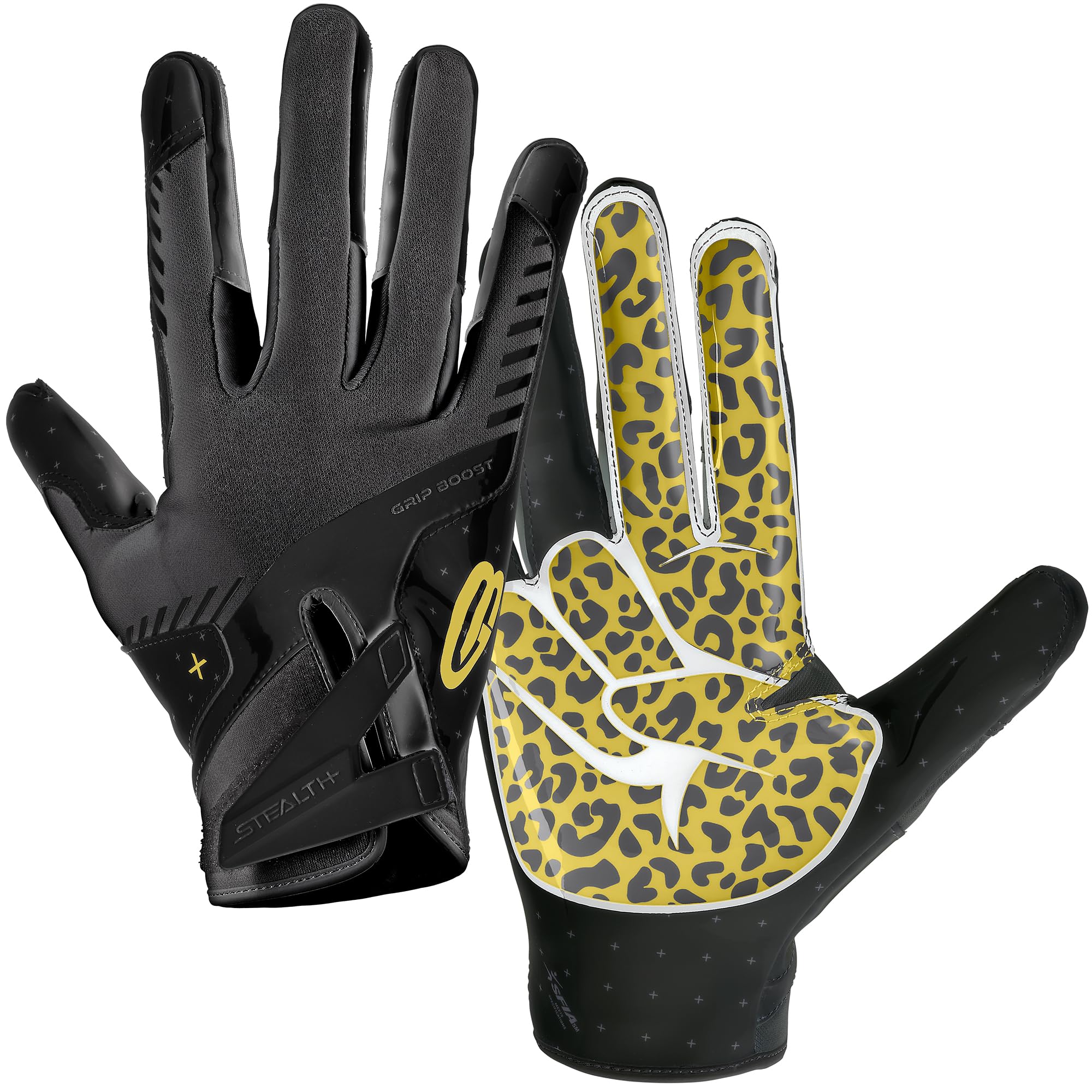 Grip Boost Football Gloves Peace Stealth 6.0 Boost Plus Technology Men's Receiver Gloves - Adult and Youth Sizes (Black/Gold, Youth Small)