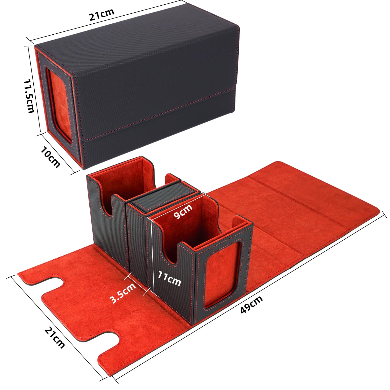 AFIING Mtg deck box with commander display- Fits 200 Double Sleeved Cards,3-in-1Card Deck Case,Strong Magnet Card Organizer For Magic Commander TCG CCG,4Dividers &2 Toploaders, Black/Red