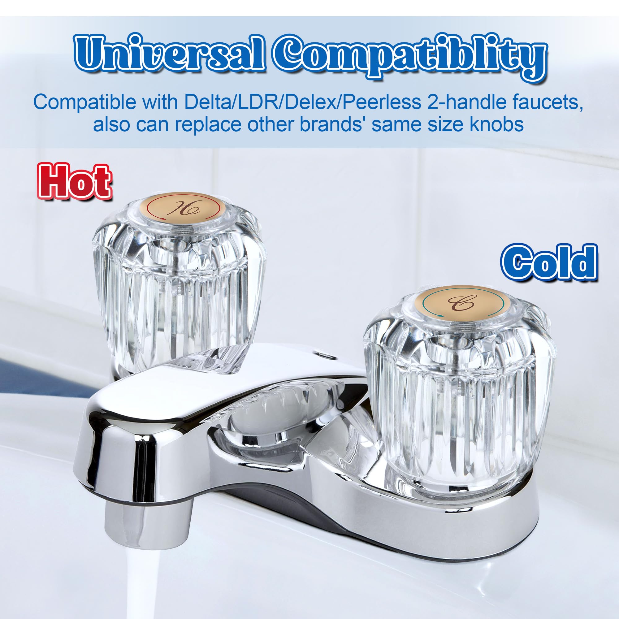 Dreyoo 8 Pcs Universal Index Buttons, Hot and Cold Faucet Index Buttons, Bathroom Faucet Knobs Replacement, Compatible with Delta/LDR/Delex/Peerless Two Clear Handles, 1-5/16 In. Diameter