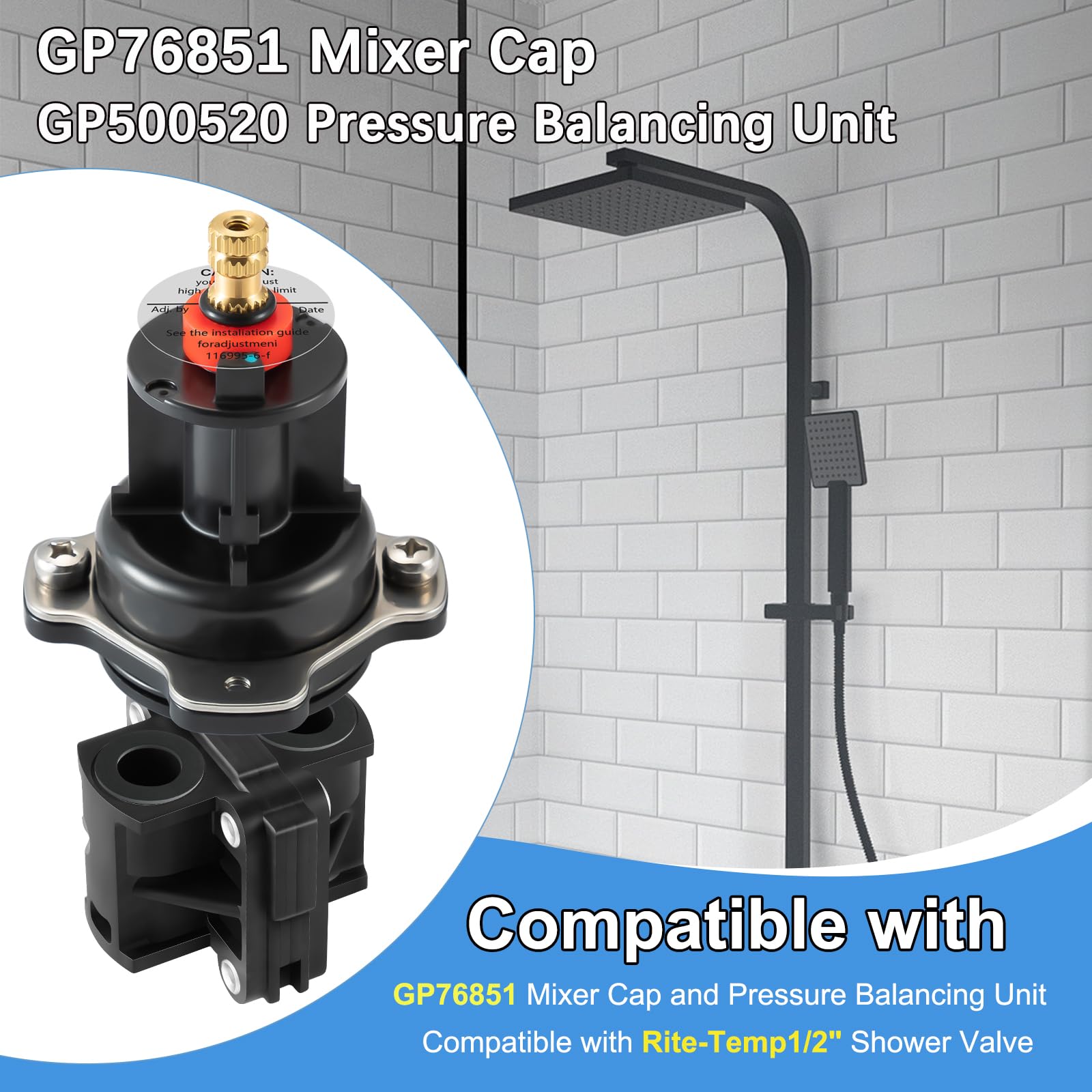 GP76851 Mixer Cap and GP500520 Pressure Balancing Unit, Compatible with Kohler GP77759 Mixer Cap, Shower Cartridge Replacement Valve Repair Kit, for Rite-Temp and 1/2" Shower Valve
