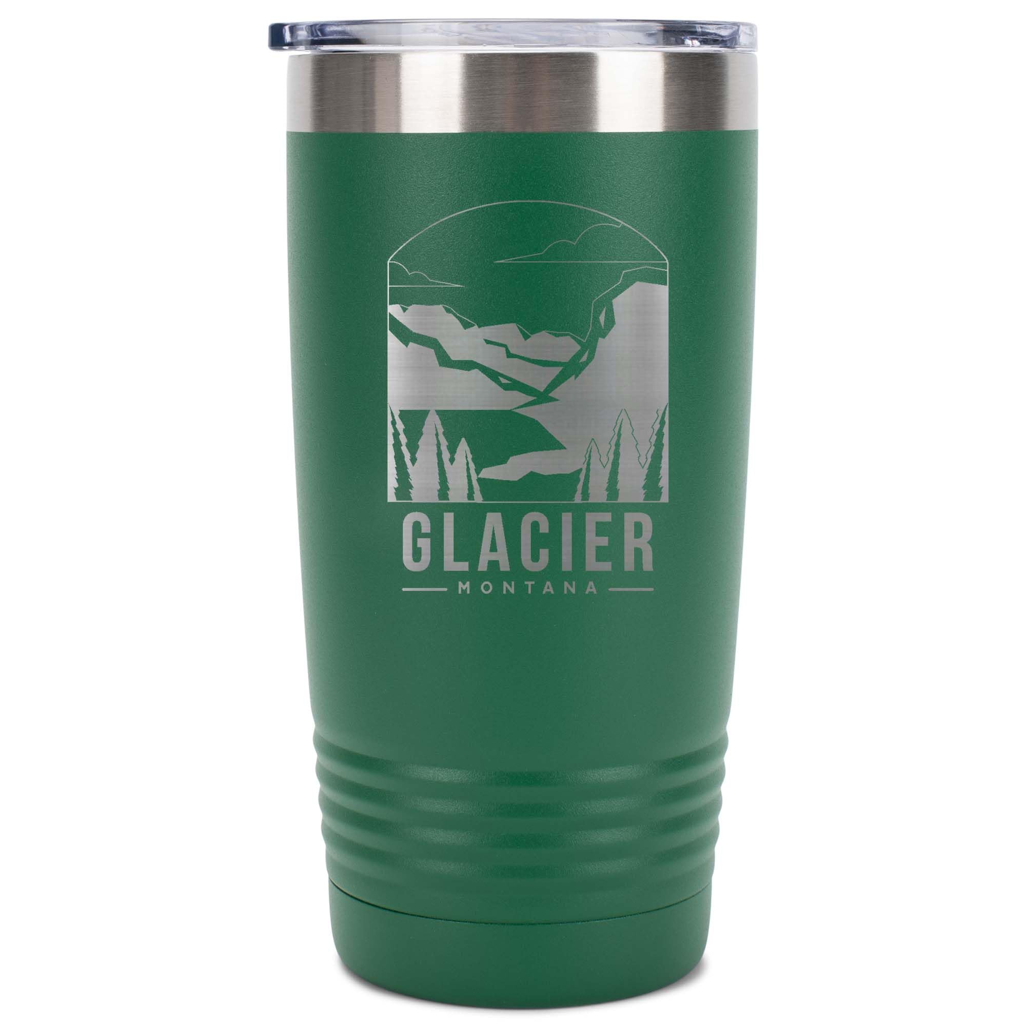 100 North, Polar Camel, United States National Parks, Green 20 Ounce, Stainless Steel, Vacuum Insulated Travel Tumbler Mug With Clear Lid, Glacier Montana