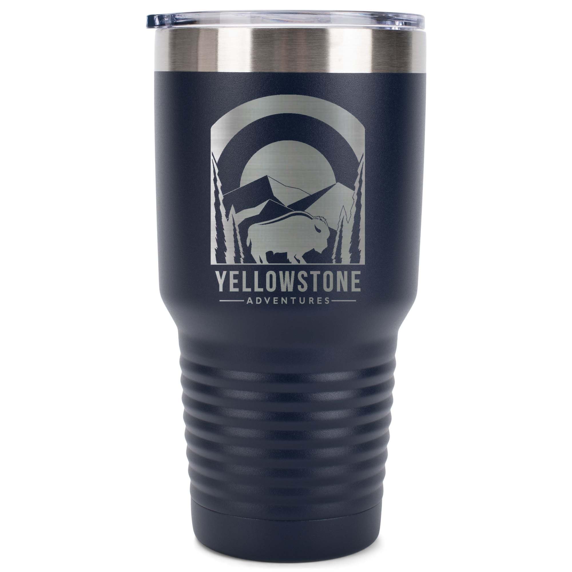100 North, Polar Camel, United States National Parks, Navy Blue 30 Ounce, Stainless Steel, Vacuum Insulated Travel Tumbler Mug With Clear Lid, Yellowstone Adventures