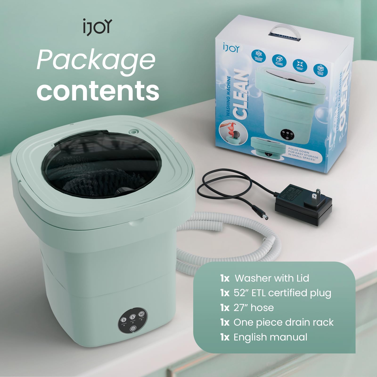 iJoy Portable Washing Machine (11L) with 3 Time Modes Mini Washer Deep Cleaning Automatic, Small Washing Machine for Underwear and Small Clothes during Travel - Large Capacity (Green)