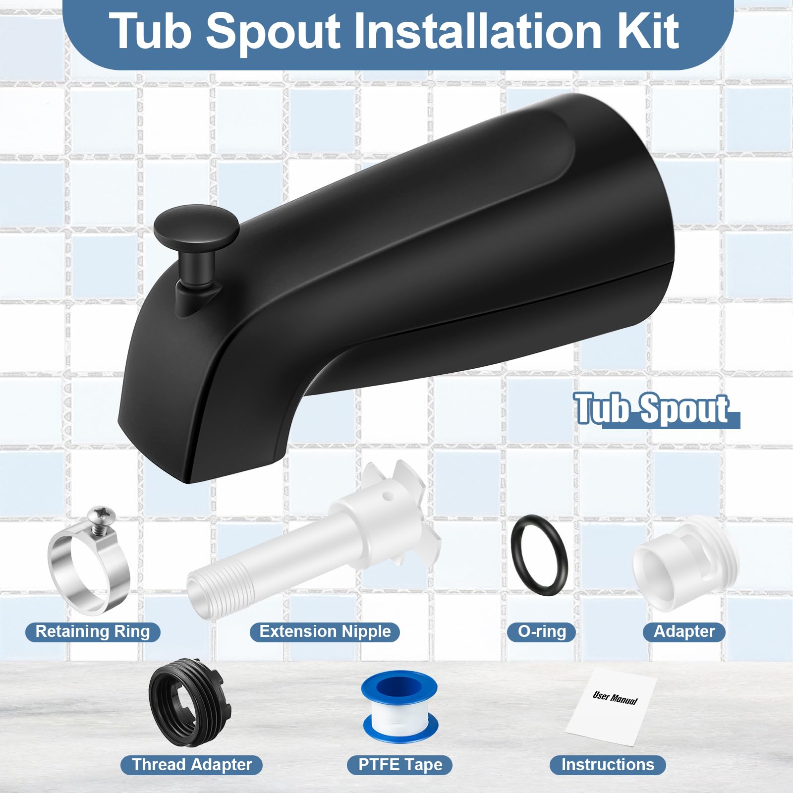 Enhon Tub Spout with Diverter, Universal Fits 1/2'' Copper Pipe, 1/2'' IPS and 3/4'' IPS, Bathroom Bathtub Tub Faucet Replacement with Adapters (Matte Black)